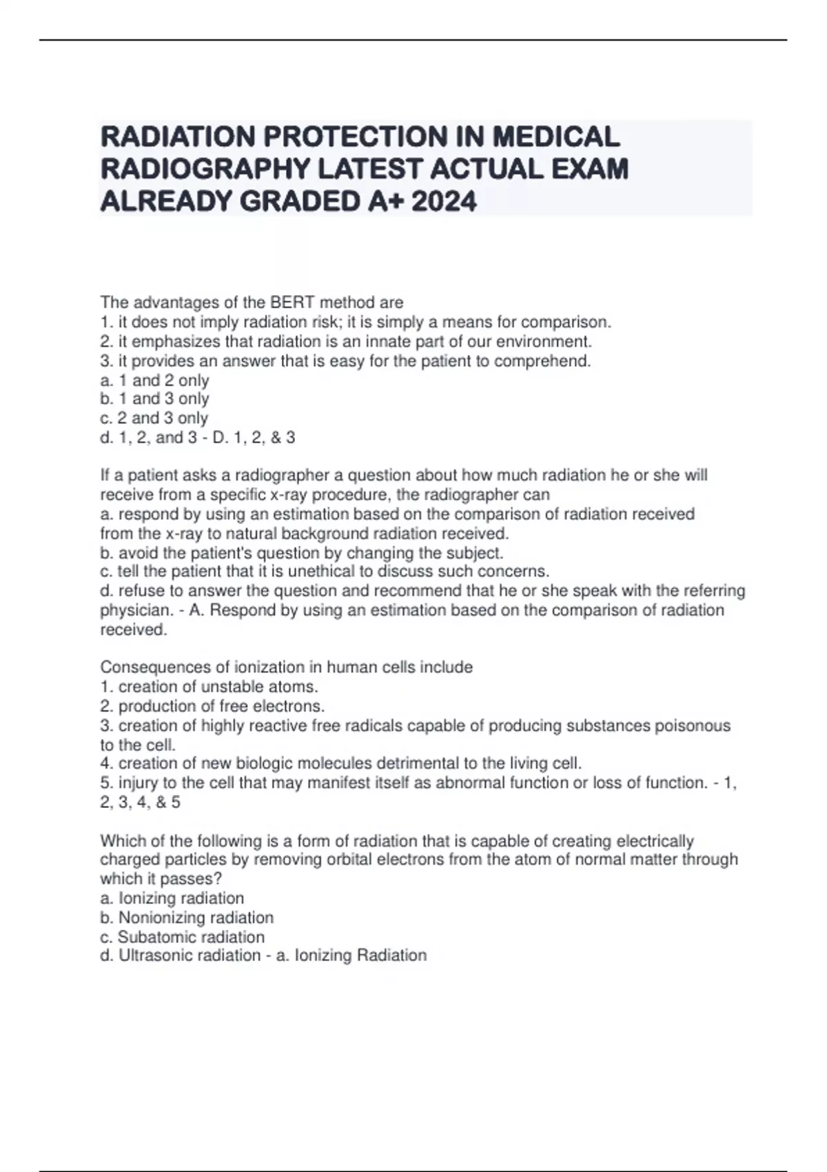 RADIATION PROTECTION IN MEDICAL RADIOGRAPHY LATEST ACTUAL EXAM ALREADY ...