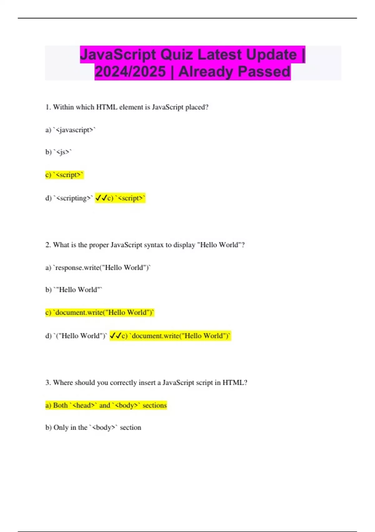 JavaScript Bundled Exams Questions and Answers Multiple Versions Latest ...
