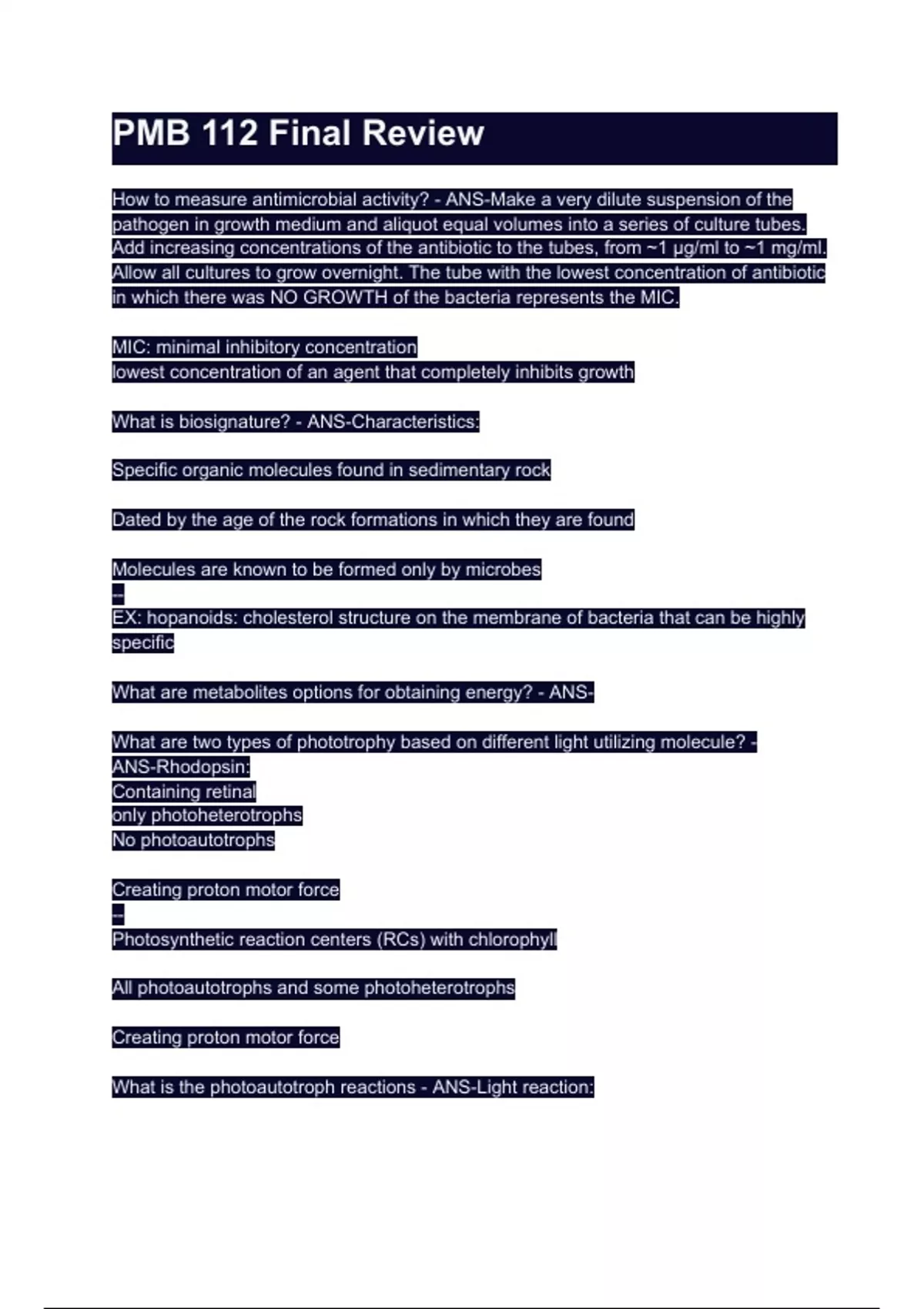 PMB 112 Final Review Questions with 100% Actual correct answers ...