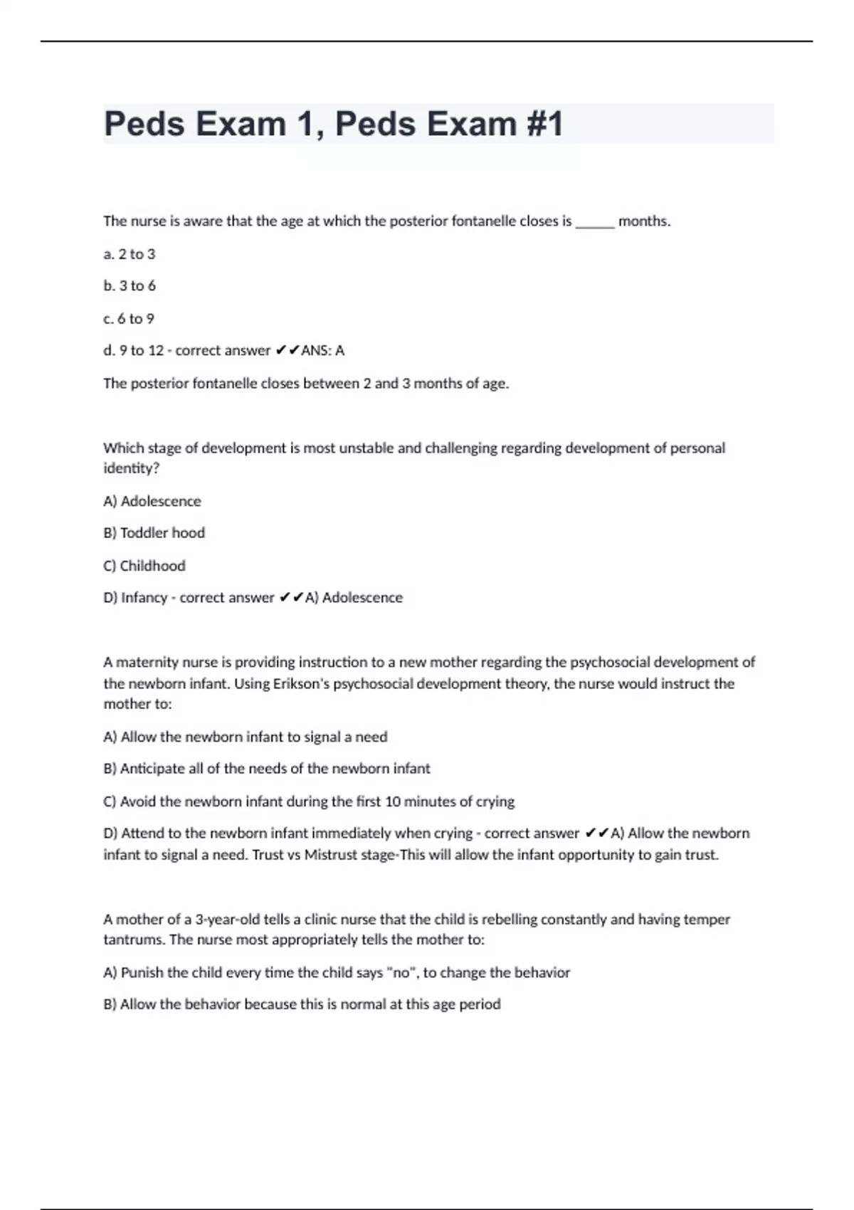 Peds Exam 1, Peds Exam #1 WITH VERIFIED ANSWERS - PeDS - Stuvia US