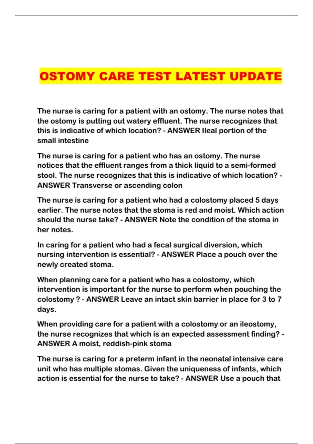 OSTOMY CARE TEST LATEST UPDATE - OSTOMY CARE - Stuvia US