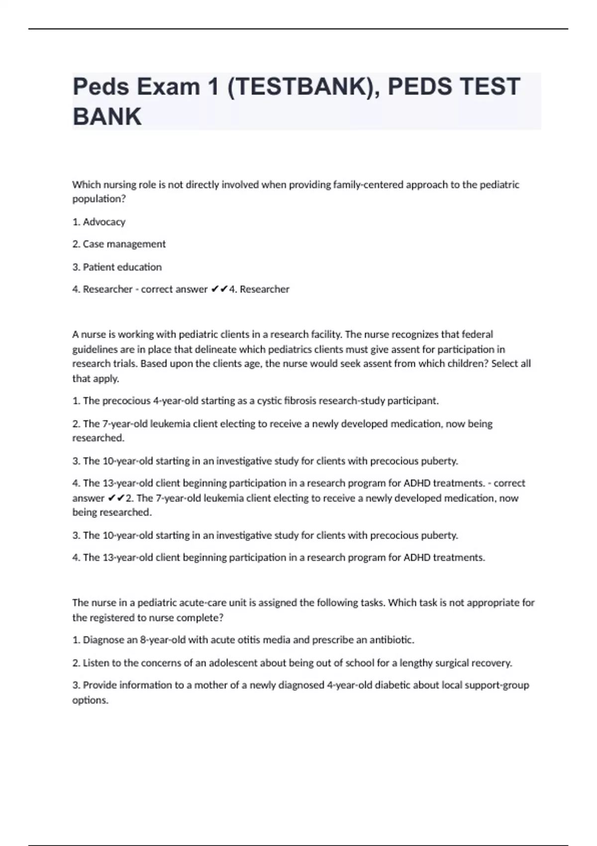 Peds Exam 1 (TESTBANK), PEDS TEST BANK CORRECTLY ANSWERED - PEDS ...