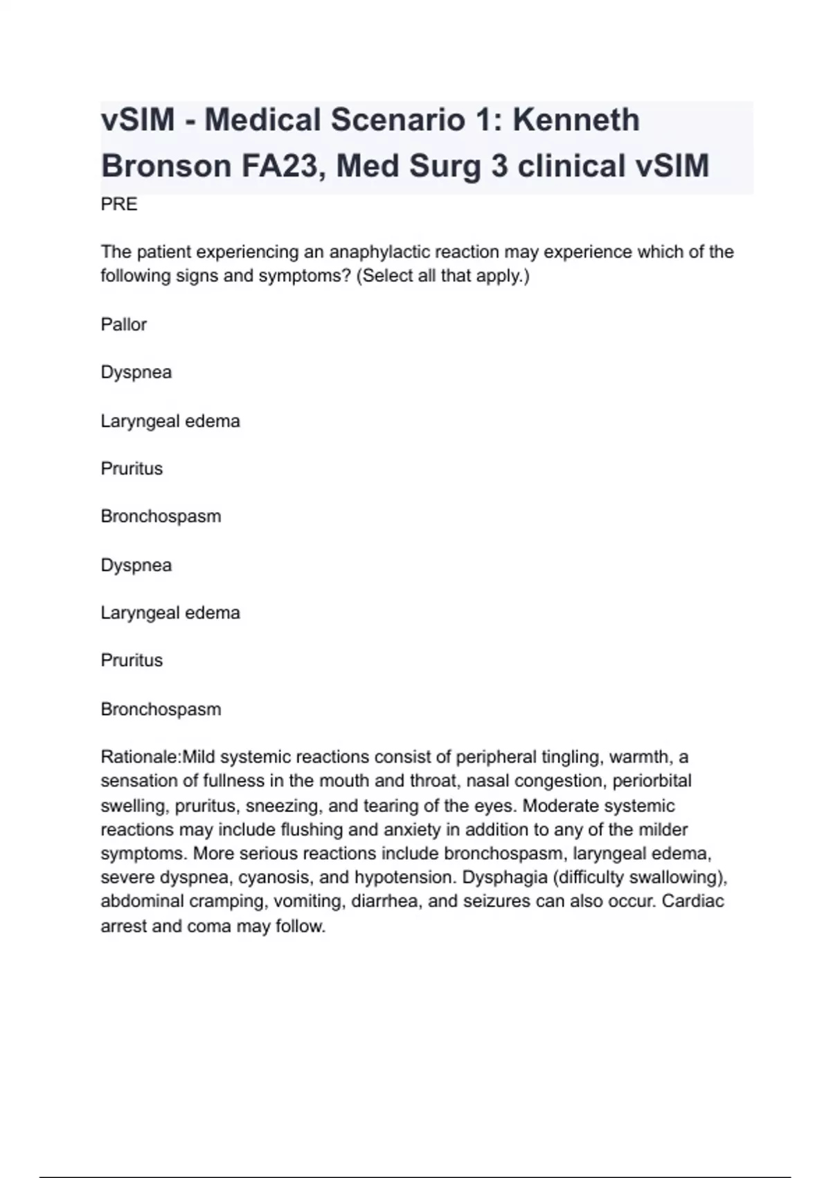 vSIM - Medical Scenario 1_ Kenneth Bronson FA23, Med Surg 3 clinical vSIM Questions with 100% ...