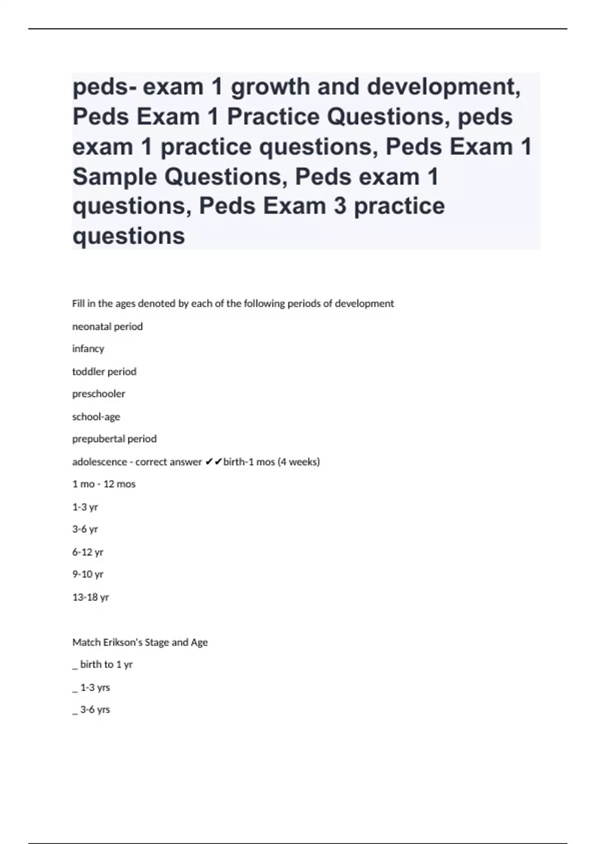 peds- exam 1 growth and development, Peds Exam 1 Practice Questions ...
