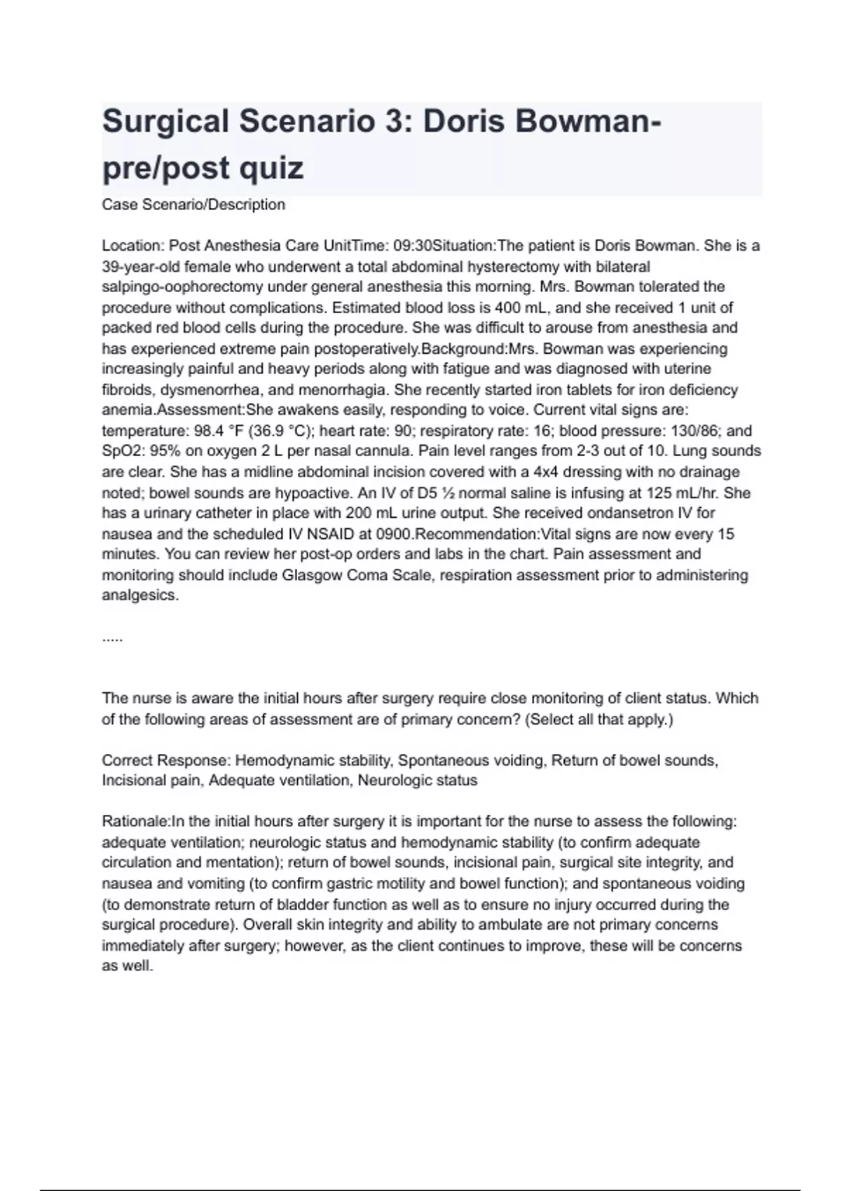 Surgical Scenario 3 Doris Bowman- pre post quiz. Questions with 100% Actual correct answers ...