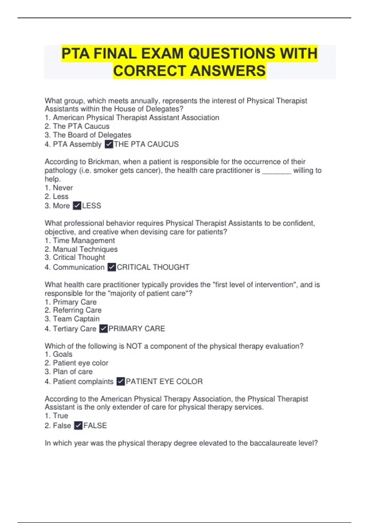PTA FINAL EXAM QUESTIONS WITH CORRECT ANSWERS - PTA - Physical Therapy Assistant - Stuvia UK