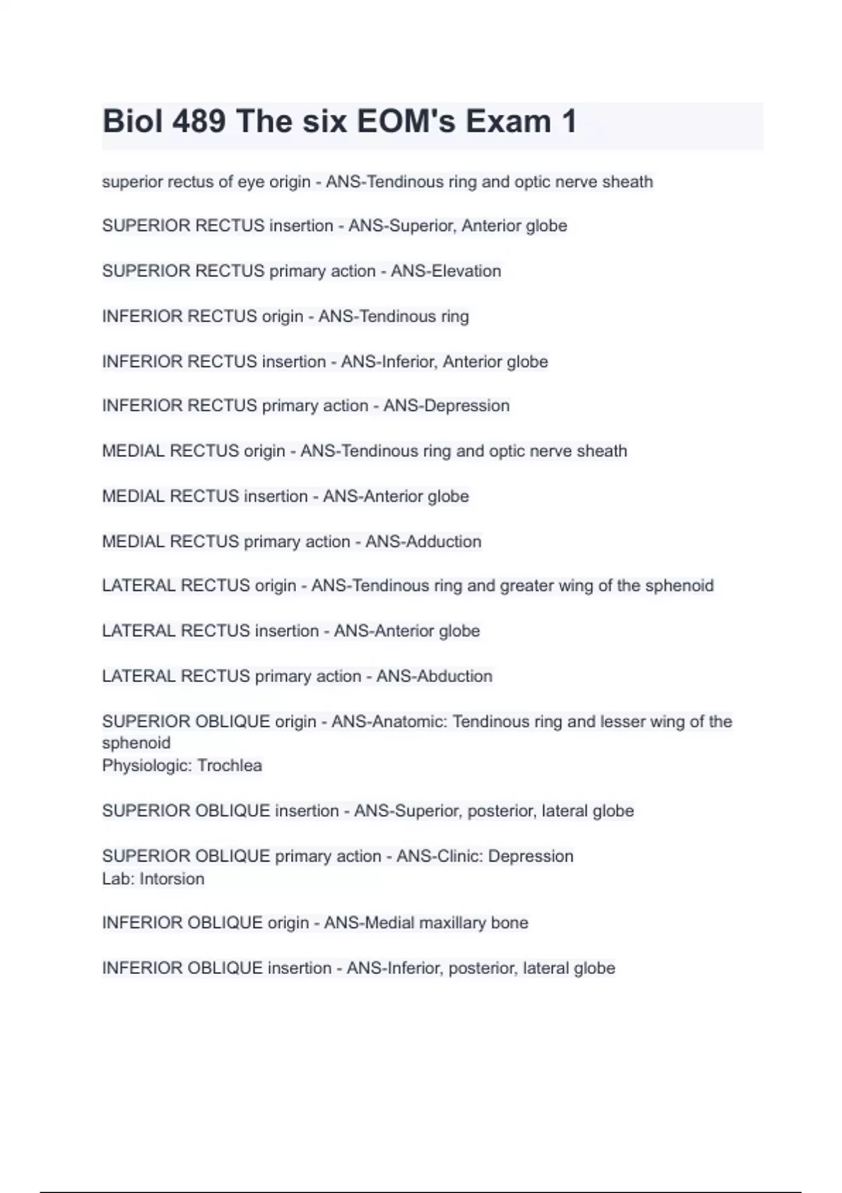 Biol 489 The six EOM's Exam 1 Questions with 100% Actual correct ...