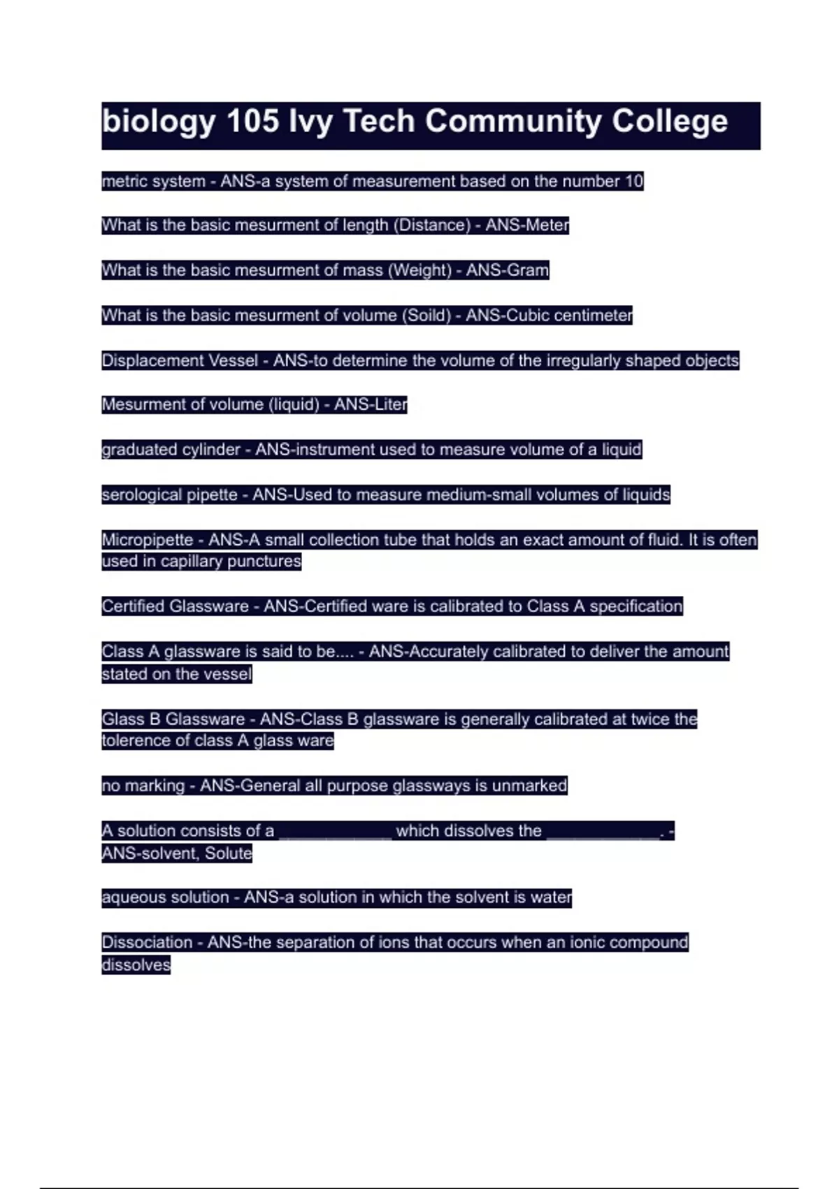 biology 105 Ivy Tech Community College Questions with 100% Actual ...