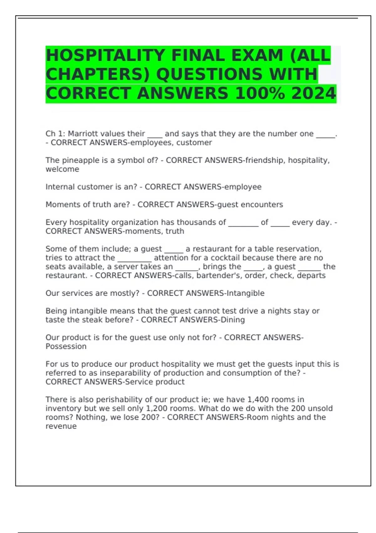 HOSPITALITY FINAL EXAM (ALL CHAPTERS) QUESTIONS WITH CORRECT ANSWERS ...