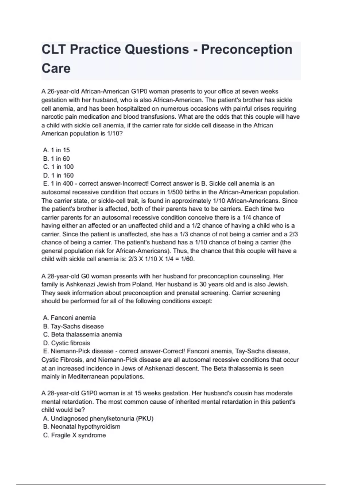 CLT Practice Questions - Preconception Care Questions with 100% Actual ...