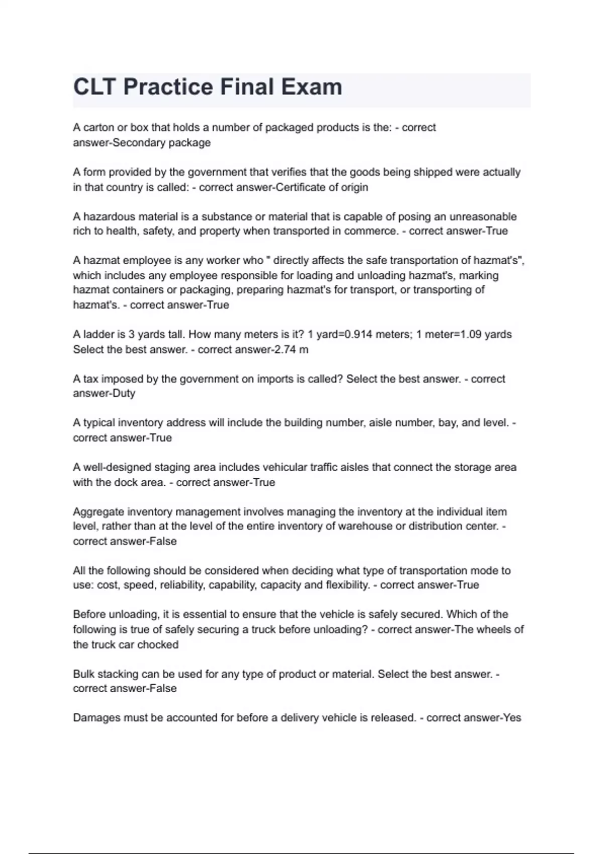 CLT Practice Final Exam Questions with 100% Actual correct answers ...