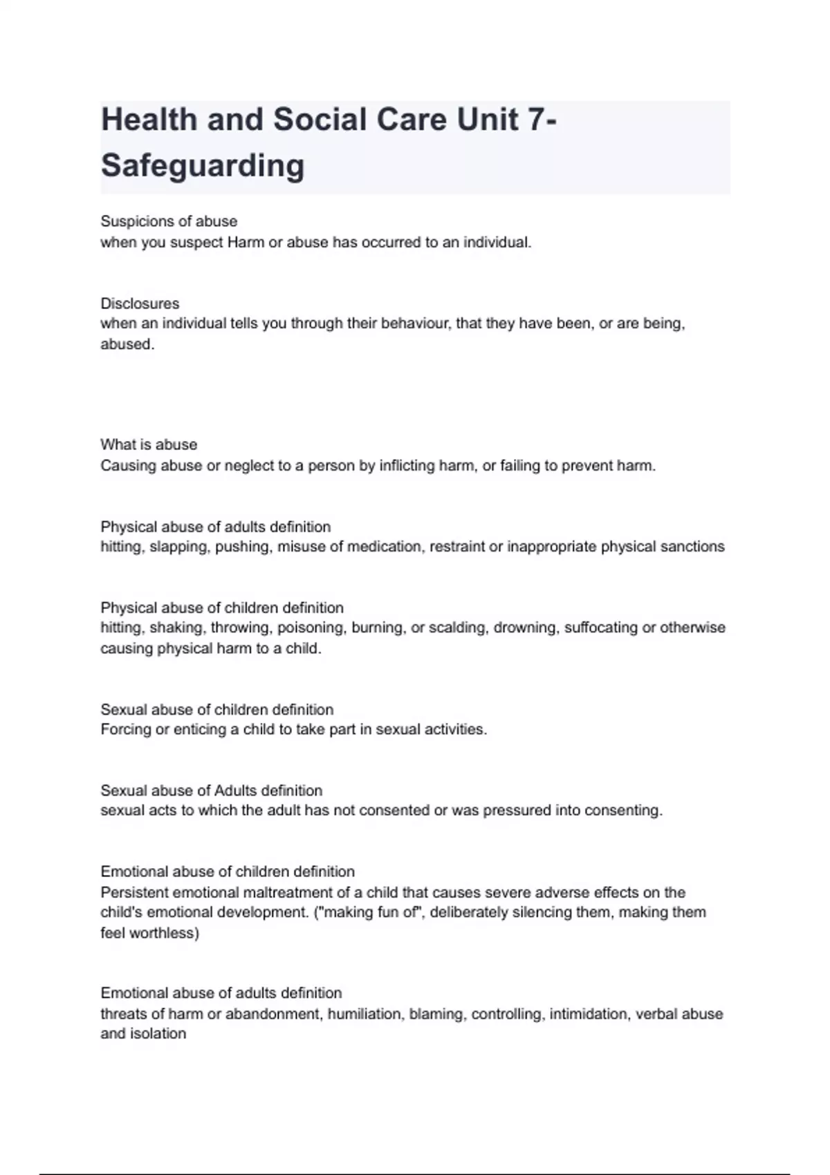 Health and Social Care Unit 7- Safeguarding Questions with 100% Actual ...