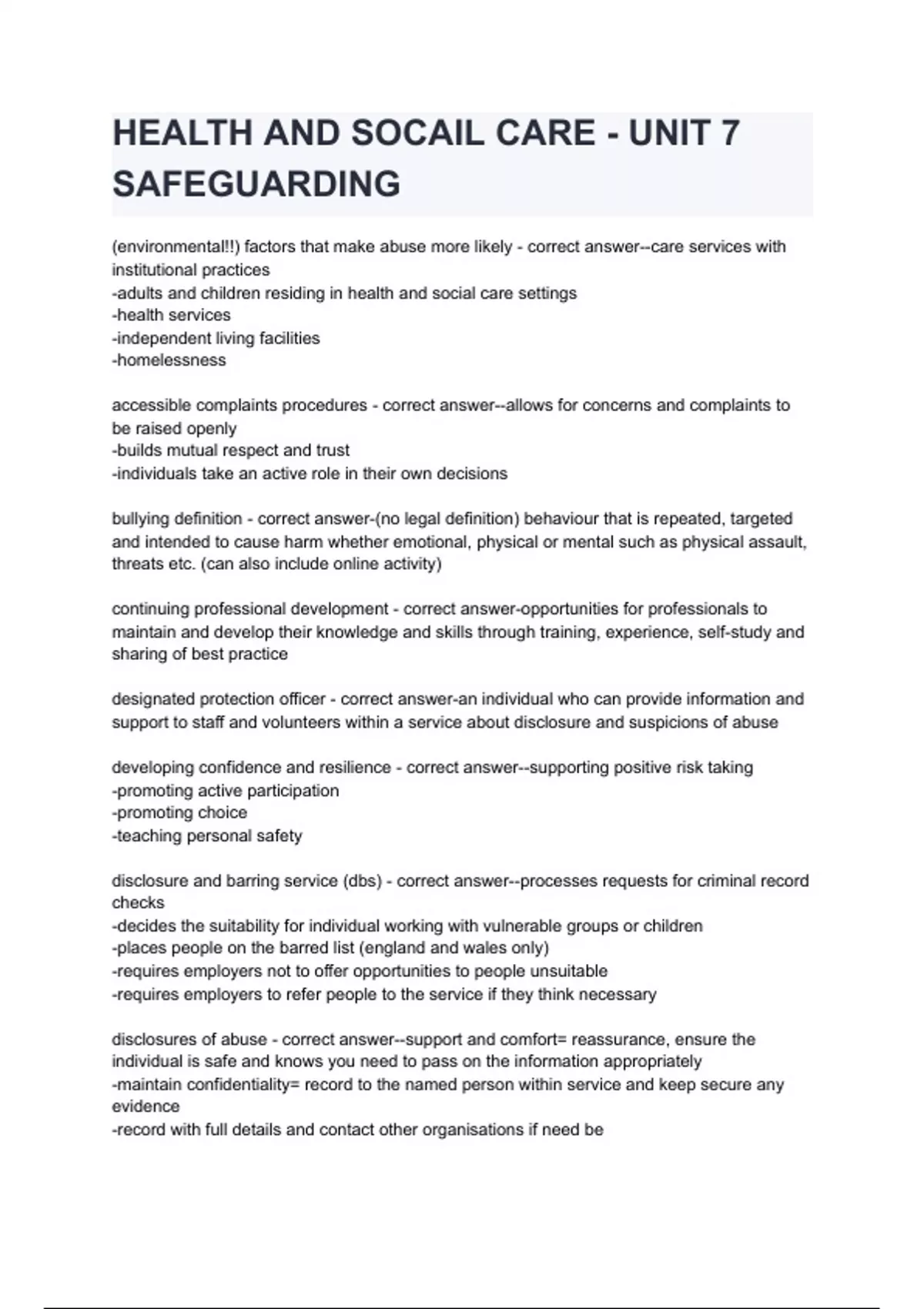 HEALTH AND SOCAIL CARE - UNIT 7 SAFEGUARDING Questions with 100% Actual ...