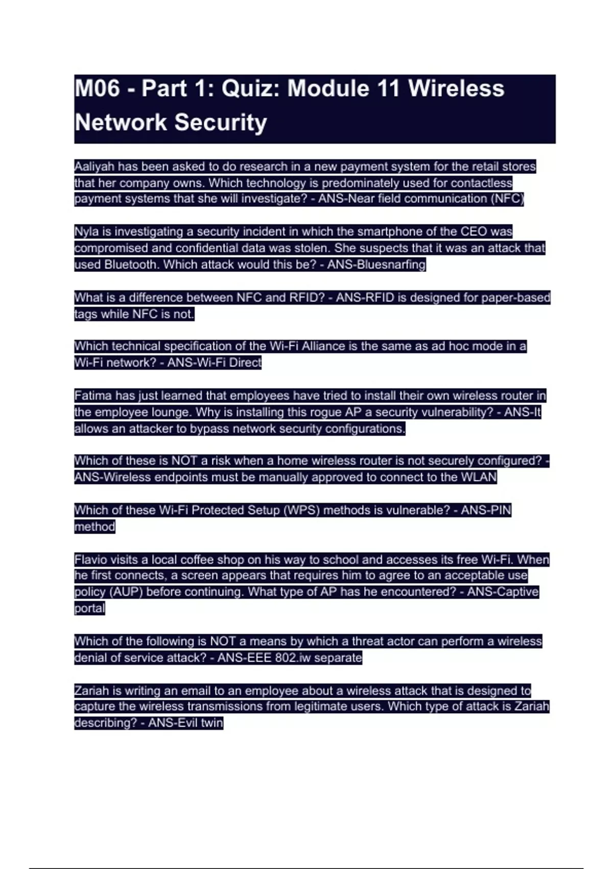 M06 - Part 1 Quiz Module 11 Wireless Network Security Questions with 100% Actual correct answers ...