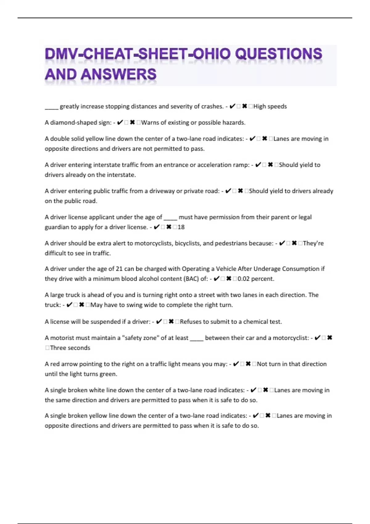 dmv-cheat-sheet-ohio 150 Exam Study Cards Questions Each With Correct And Verified Answers|2024 ...