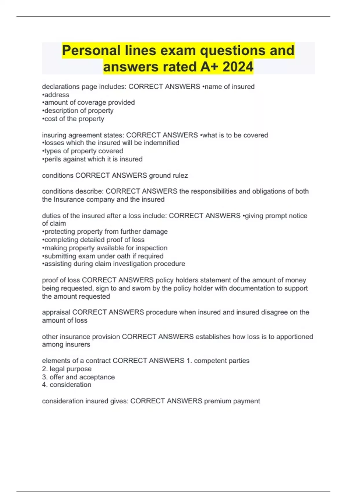 Personal lines exam questions and answers rated A+ 2024 - Personal ...