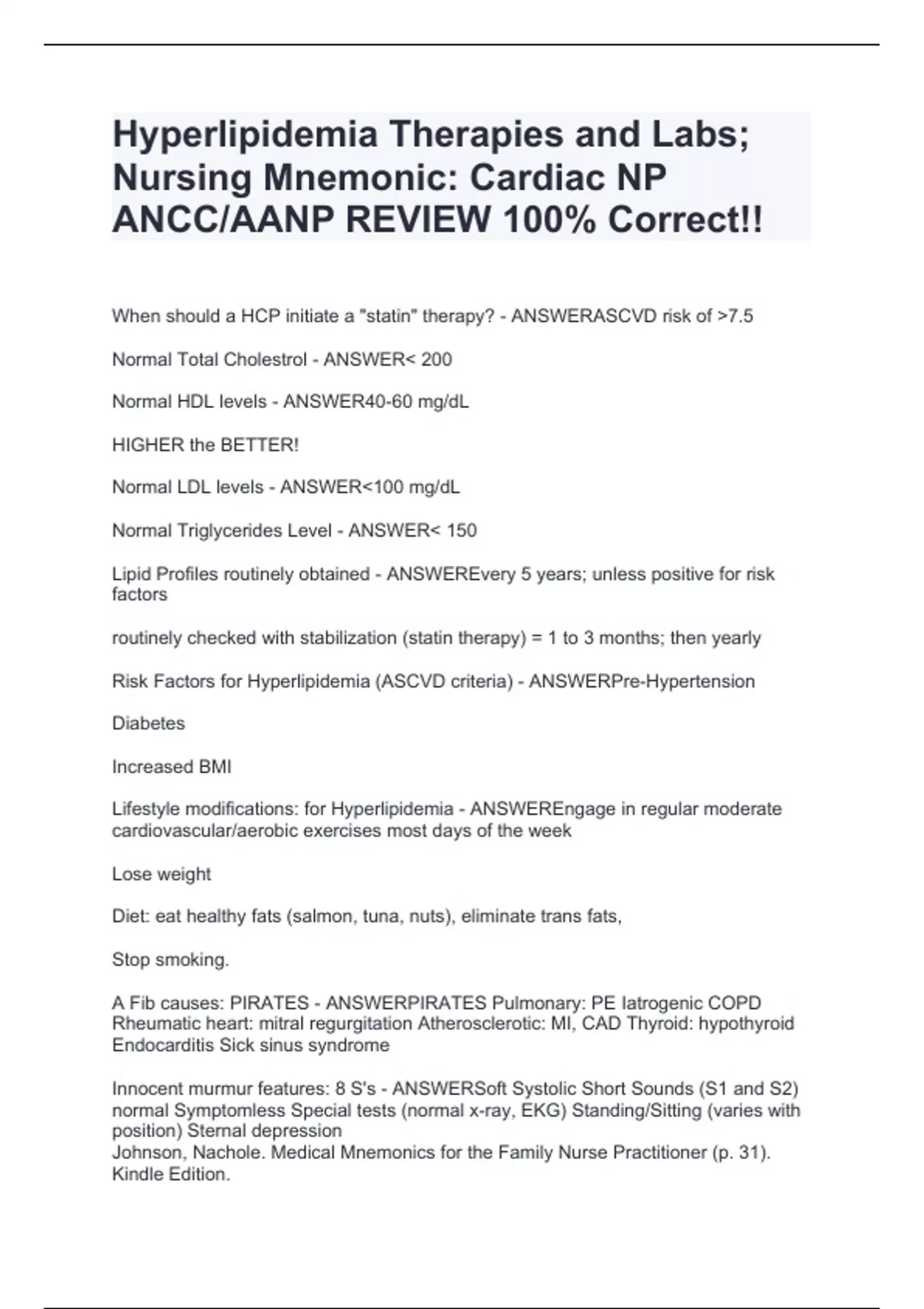 Hyperlipidemia Therapies and Labs; Nursing Mnemonic: Cardiac NP ANCC ...