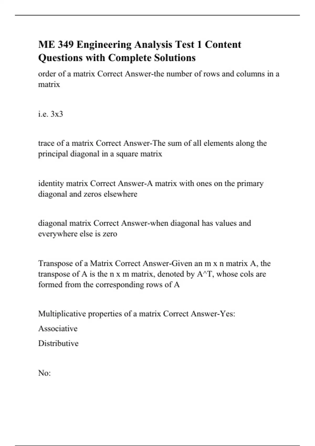 ME 349 Engineering Analysis Test 1 Content Questions with Complete ...