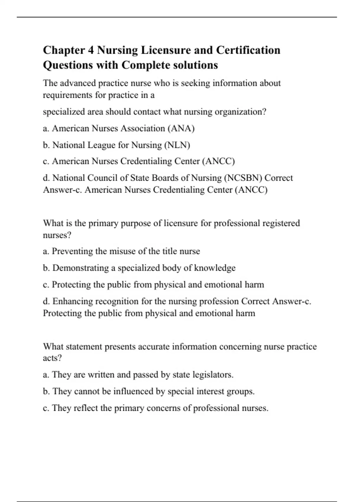Chapter 4 Nursing Licensure and Certification Questions with Complete ...