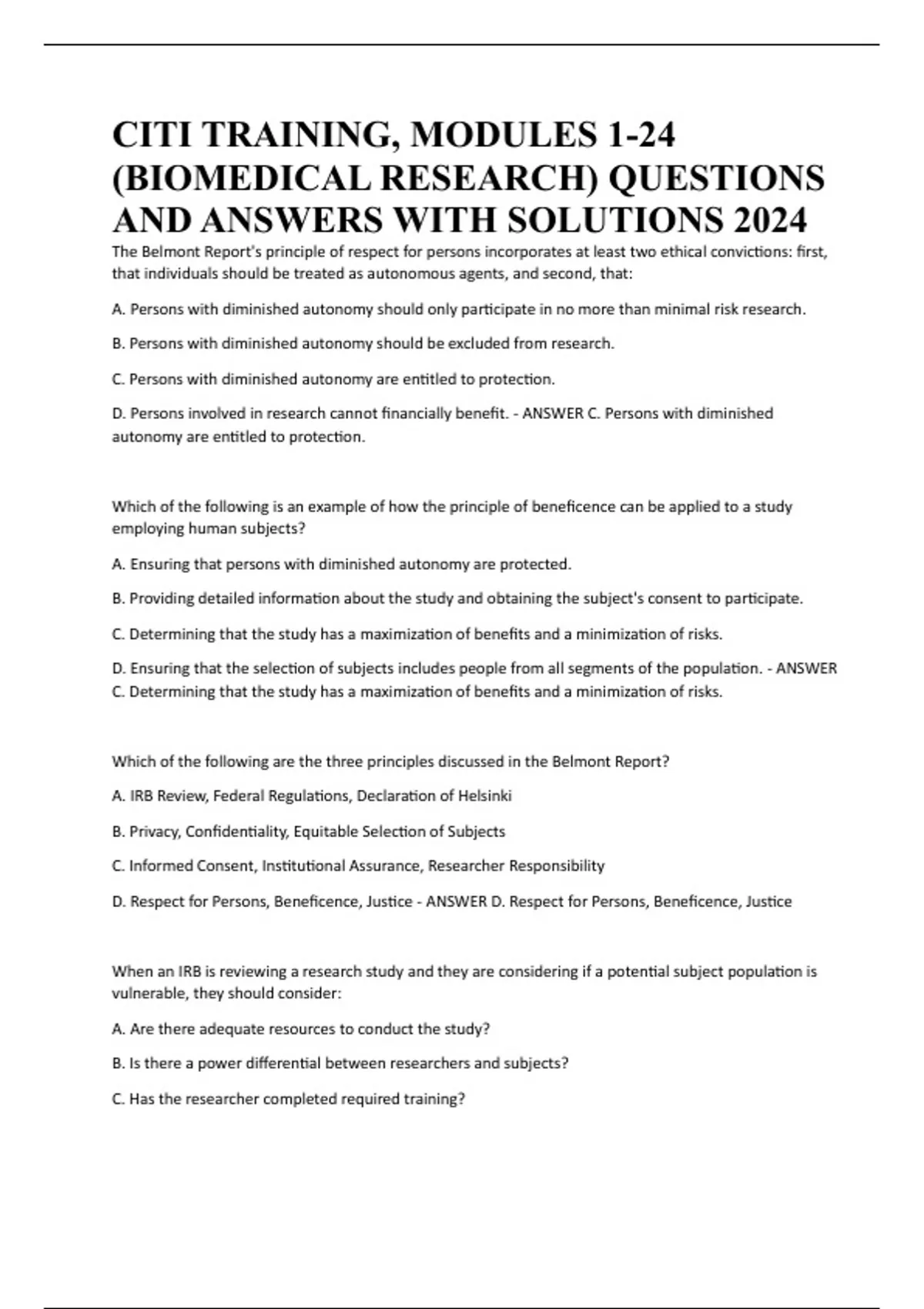 CITI TRAINING, MODULES 1-24 (BIOMEDICAL RESEARCH) QUESTIONS AND ANSWERS WITH SOLUTIONS 2024 ...