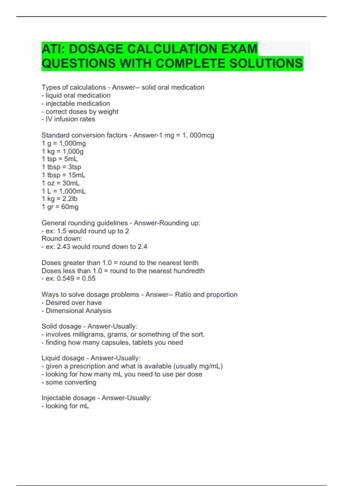 ATI: DOSAGE CALCULATION EXAM QUESTIONS WITH COMPLETE SOLUTIONS - ATI ...