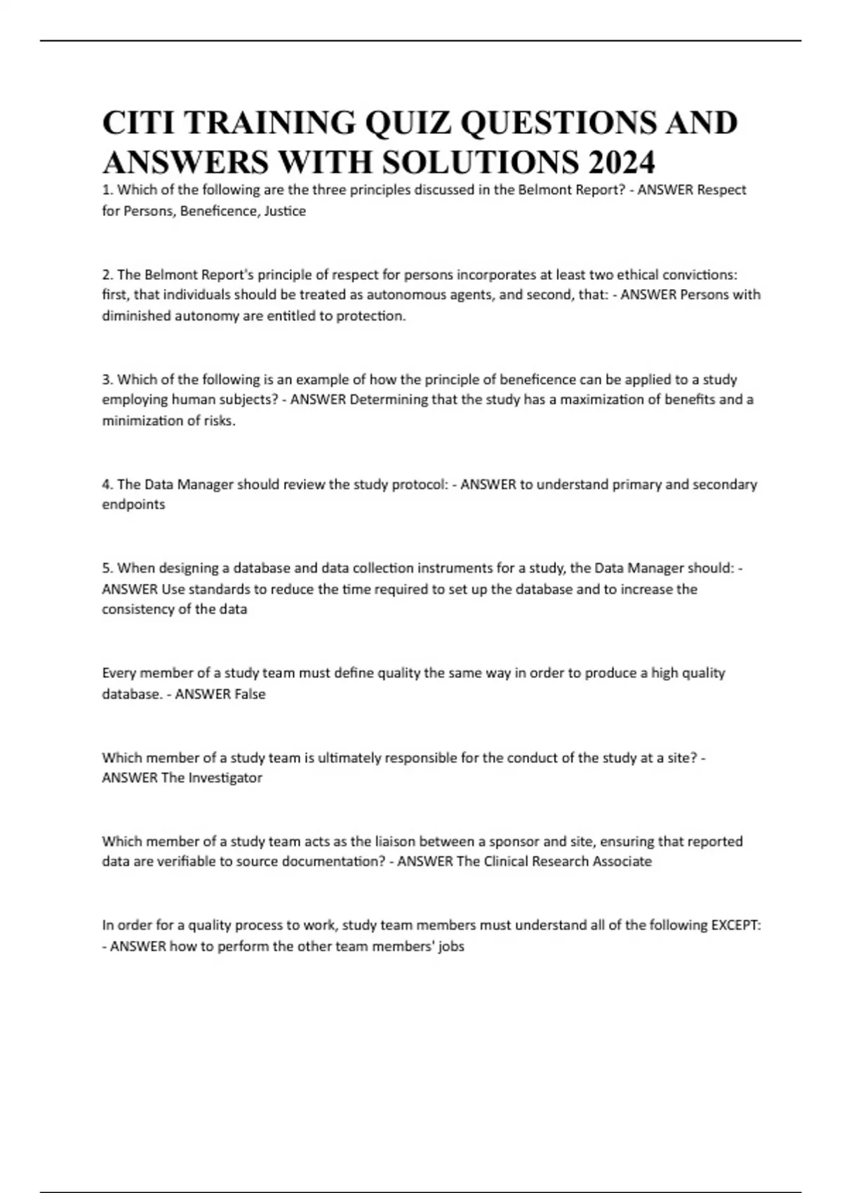 CITI TRAINING QUIZ QUESTIONS AND ANSWERS WITH SOLUTIONS 2024 - CITI ...