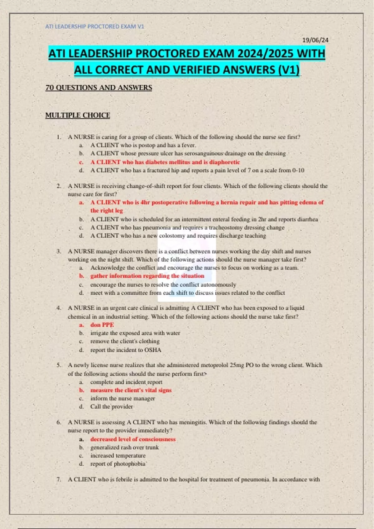 Altogether: ATI LEADERSHIP PROCTORED EXAM (RN) MOST RECENT V1-V7 (2024/ ...