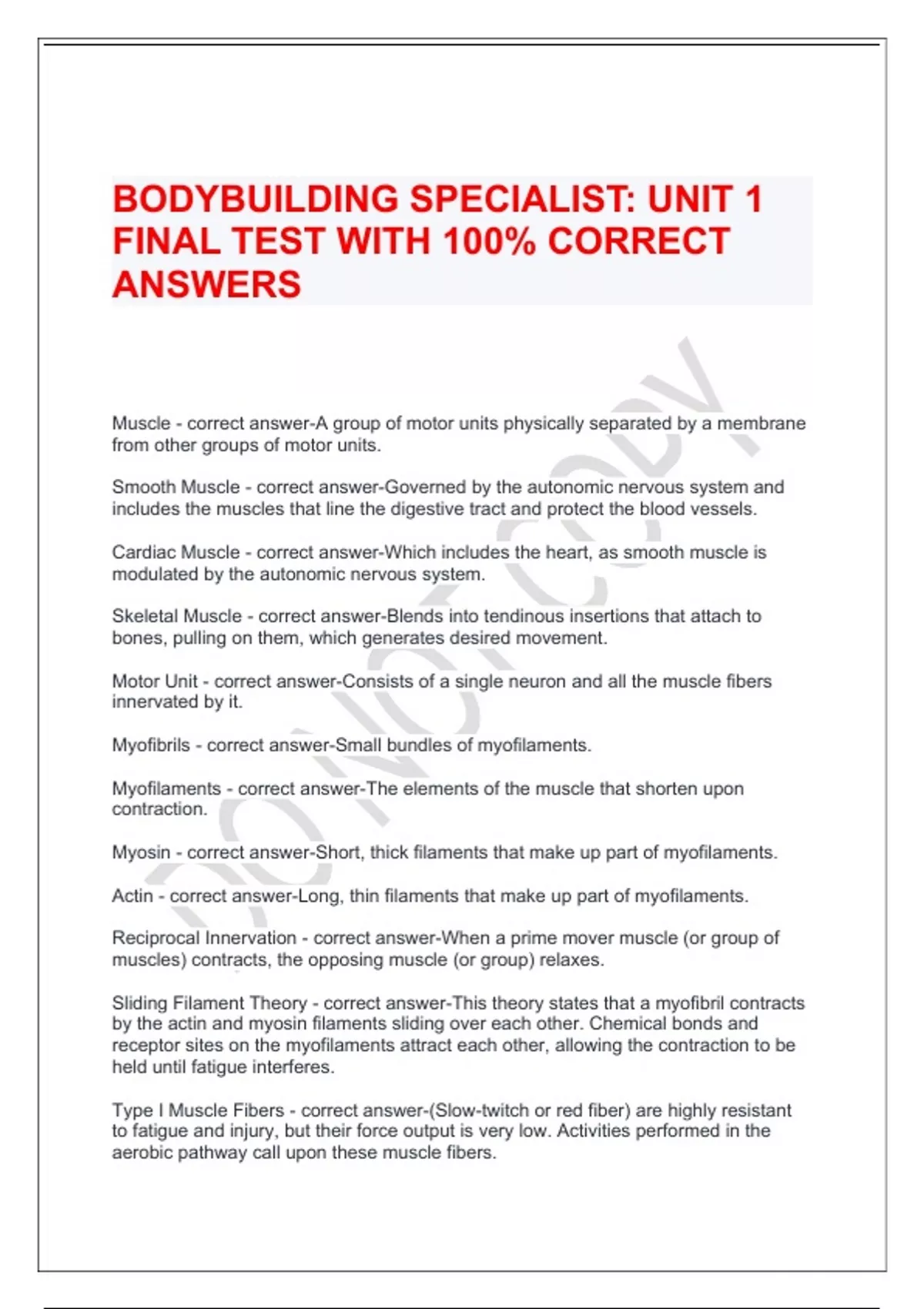 BODYBUILDING SPECIALIST: UNIT 1 FINAL TEST WITH 100% CORRECT ANSWERS ...