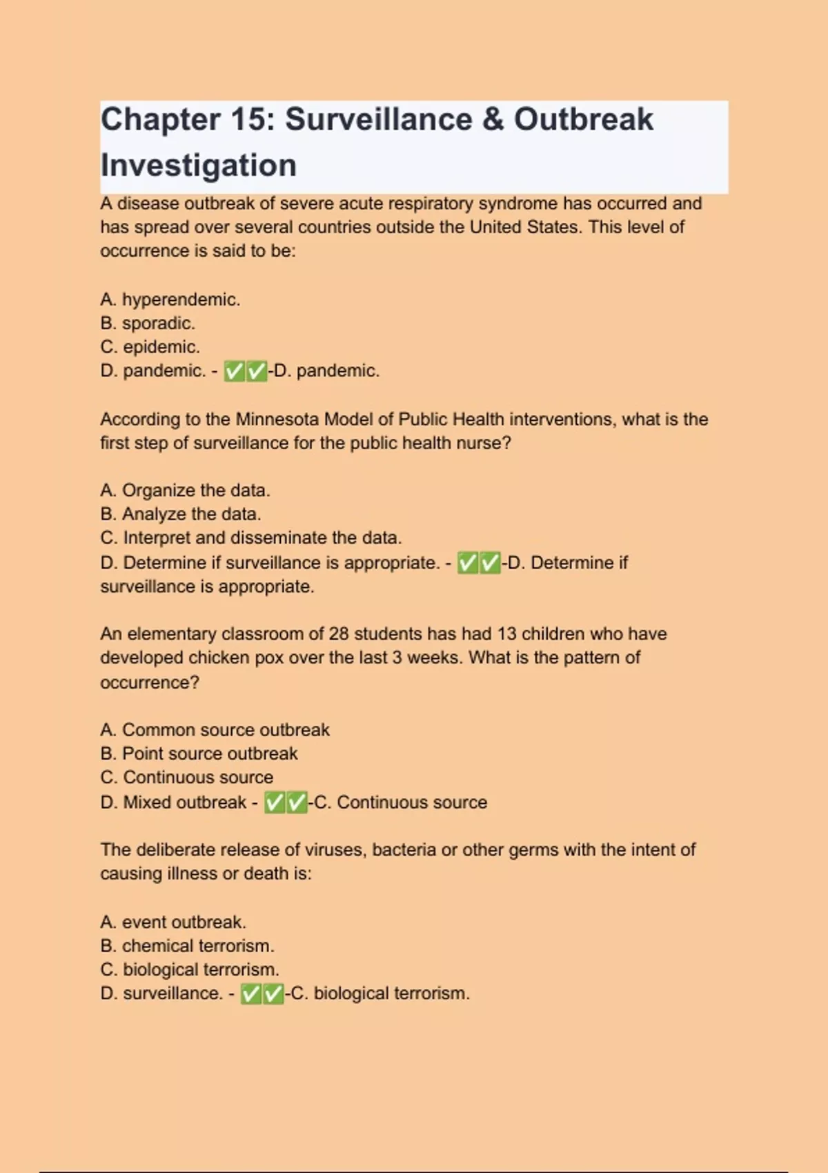 Chapter 15 Surveillance & Outbreak Investigation Questions with 100% ...
