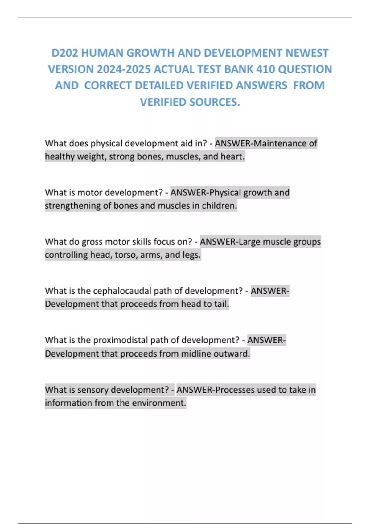 D202 HUMAN GROWTH AND DEVELOPMENT NEWEST VERSION ACTUAL TEST BANK 410 ...