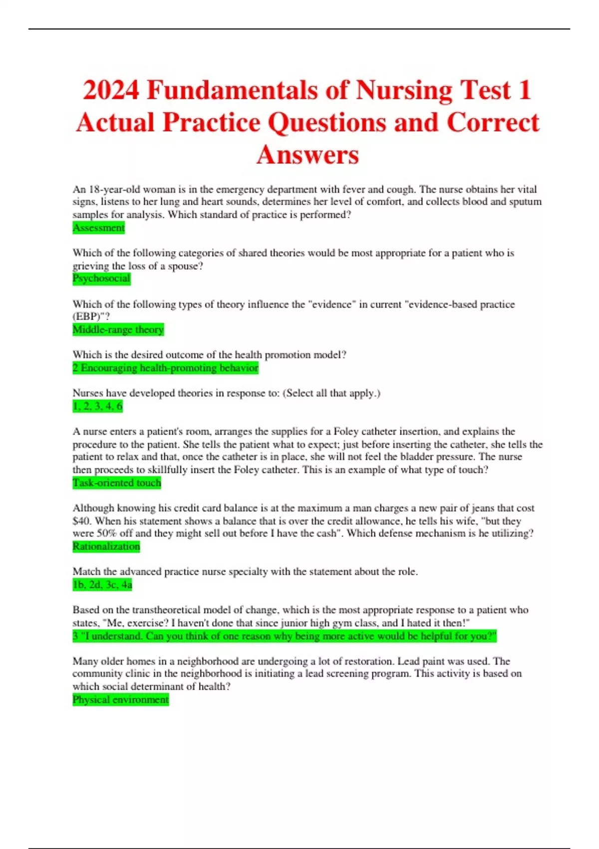 2024 Fundamentals of Nursing Test 1 Actual Practice Questions and ...