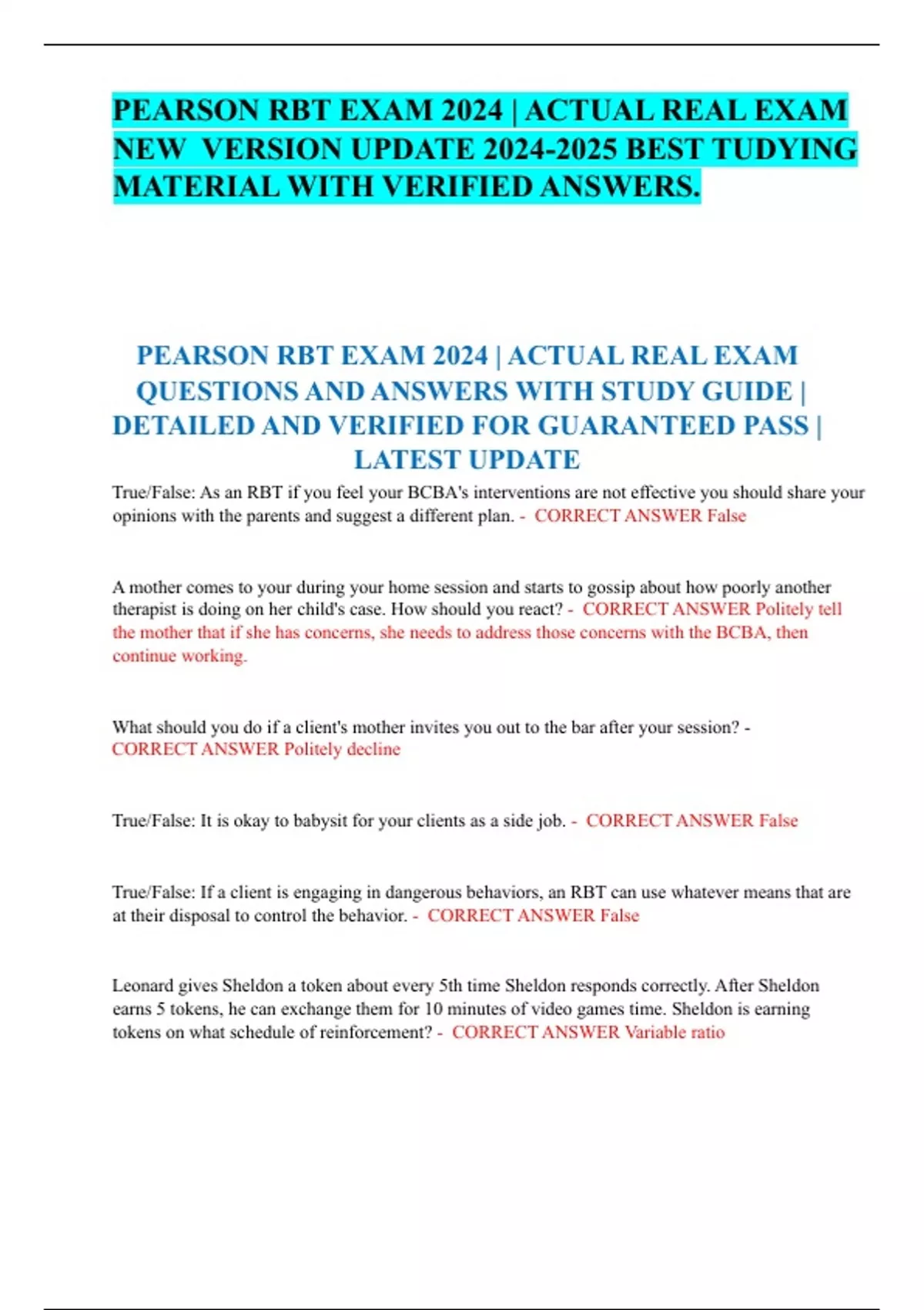 PEARSON RBT EXAM 2024 | ACTUAL REAL EXAM NEW VERSION UPDATE BEST ...