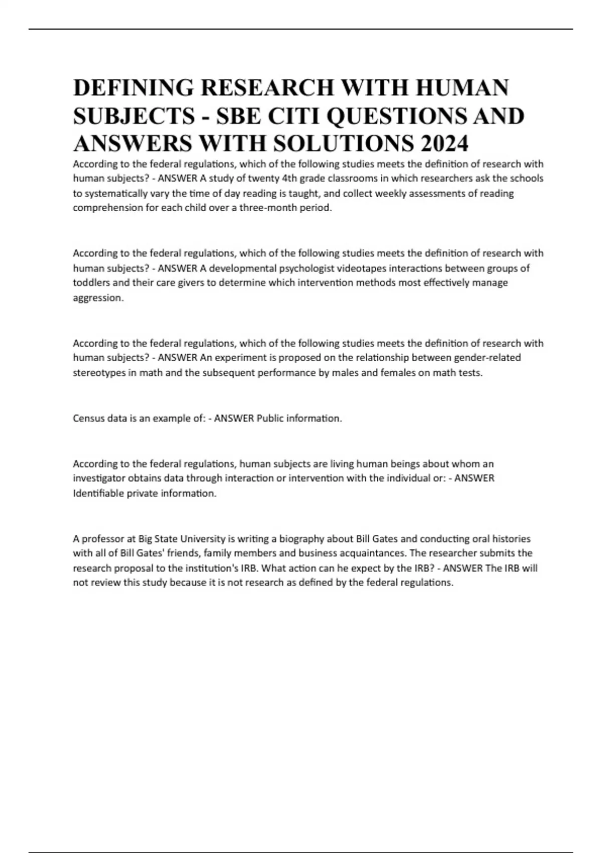 DEFINING RESEARCH WITH HUMAN SUBJECTS - SBE CITI QUESTIONS AND ANSWERS WITH SOLUTIONS 2024 ...
