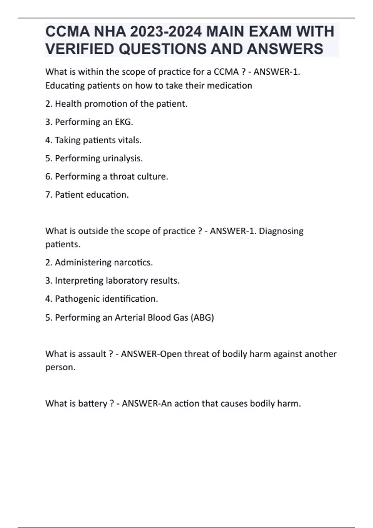 CCMA NHA MAIN EXAM WITH VERIFIED QUESTIONS AND ANSWERS - CCMA NHA ...