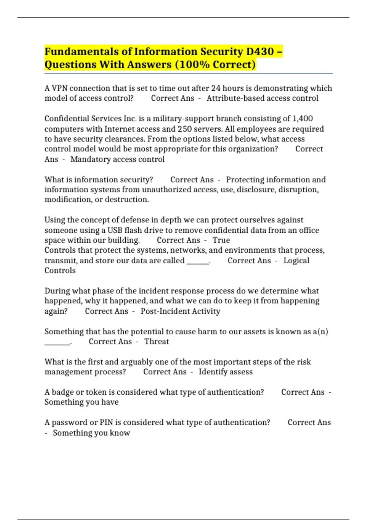 Fundamentals of Information Security D430 – Questions With Answers (100 ...