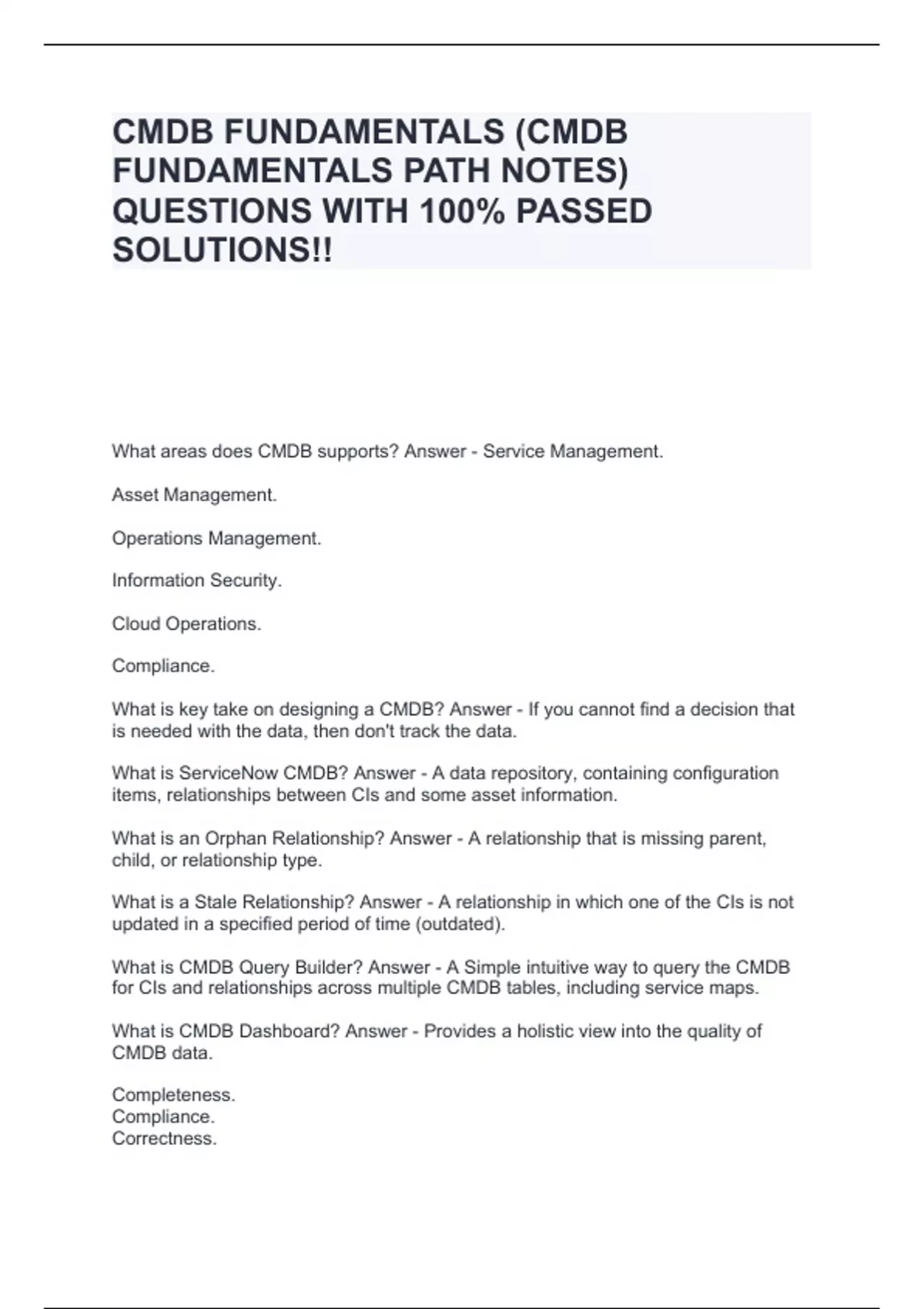 CMDB FUNDAMENTALS (CMDB FUNDAMENTALS PATH NOTES) QUESTIONS WITH 100% ...