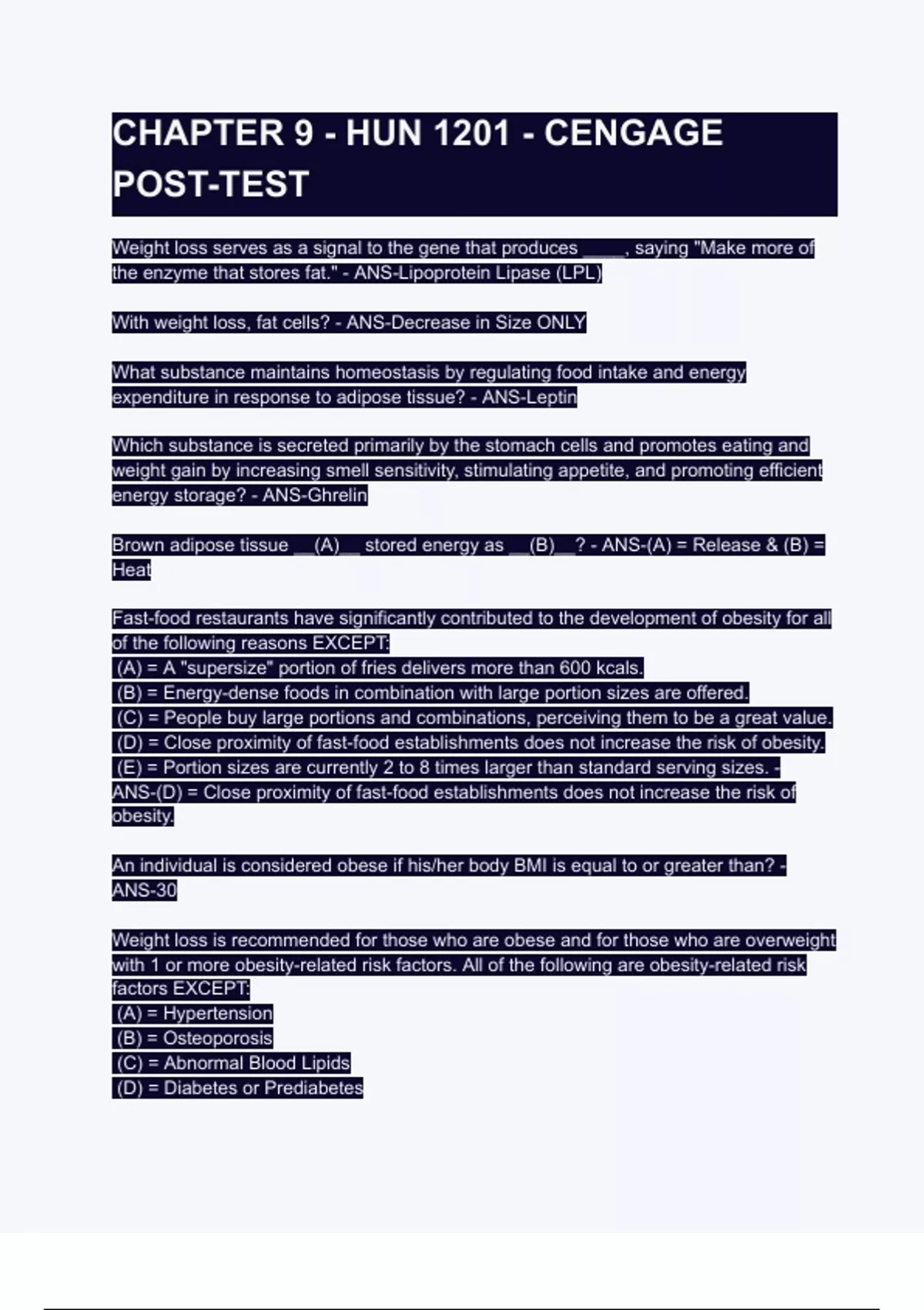 CHAPTER 9 - HUN 1201 - CENGAGE POST-TEST Questions with 100% Actual ...