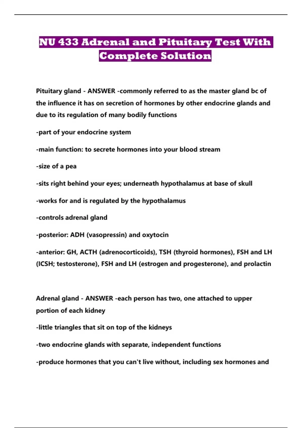 NU 433 Adrenal and Pituitary Test With Complete Solution - NU 433 ...