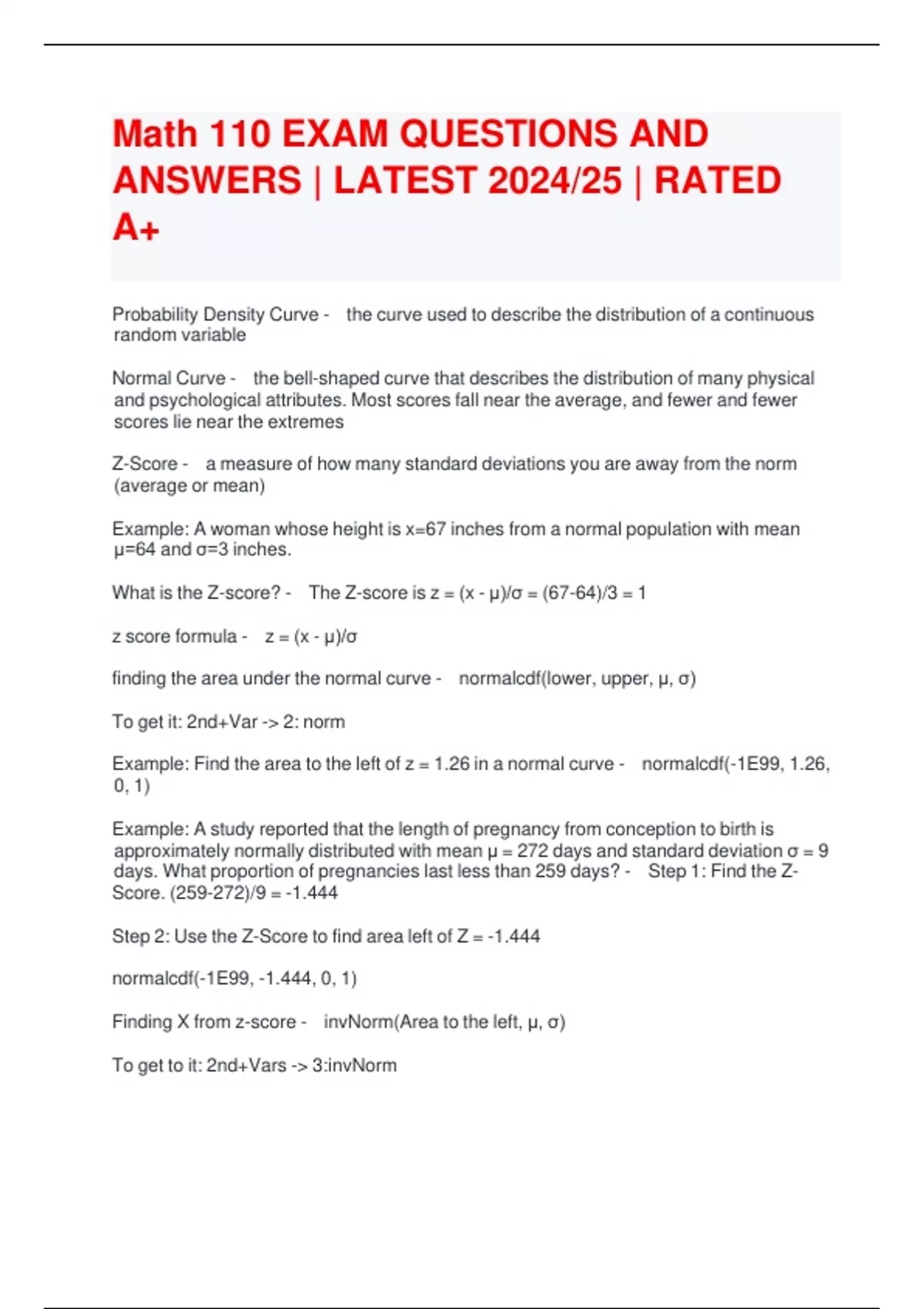 Math 110 EXAM QUESTIONS AND ANSWERS | LATEST 2024/25 | RATED A+ - MATH ...