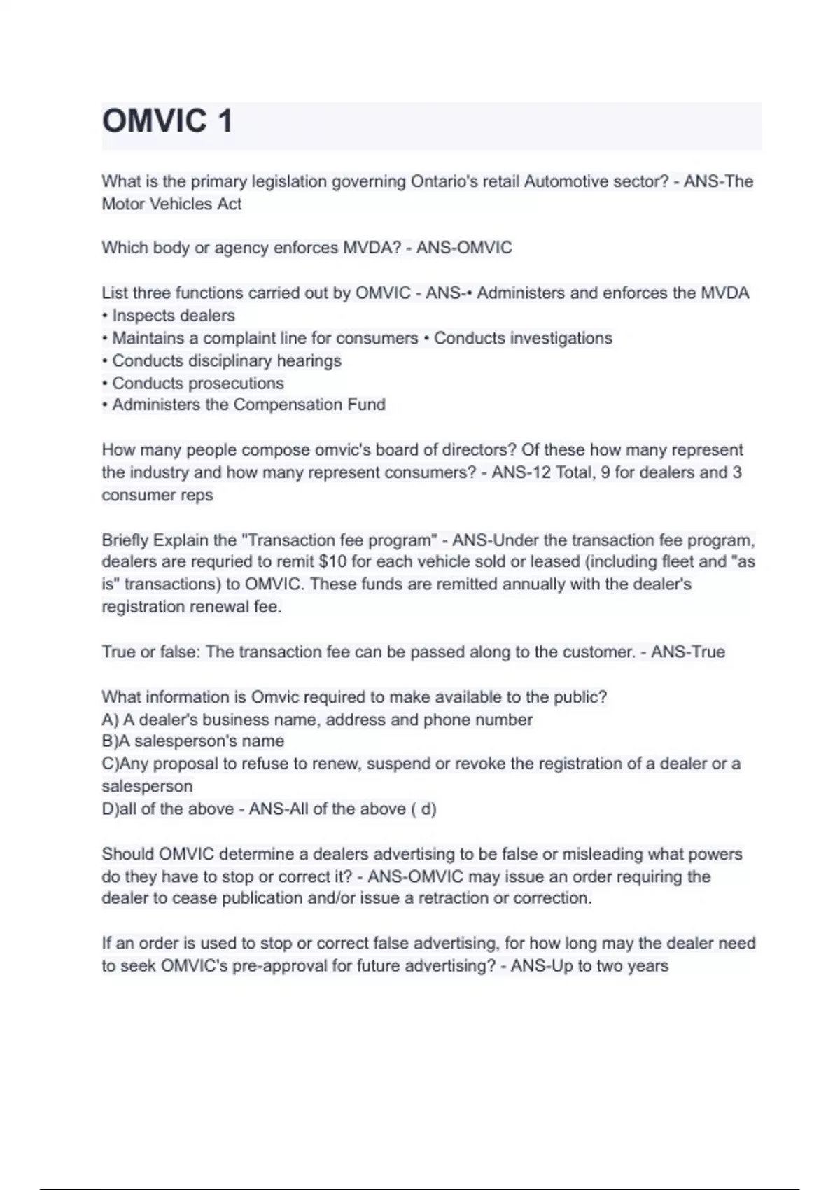 OMVIC 1 Questions with 100% Actual correct answers | verified | latest ...