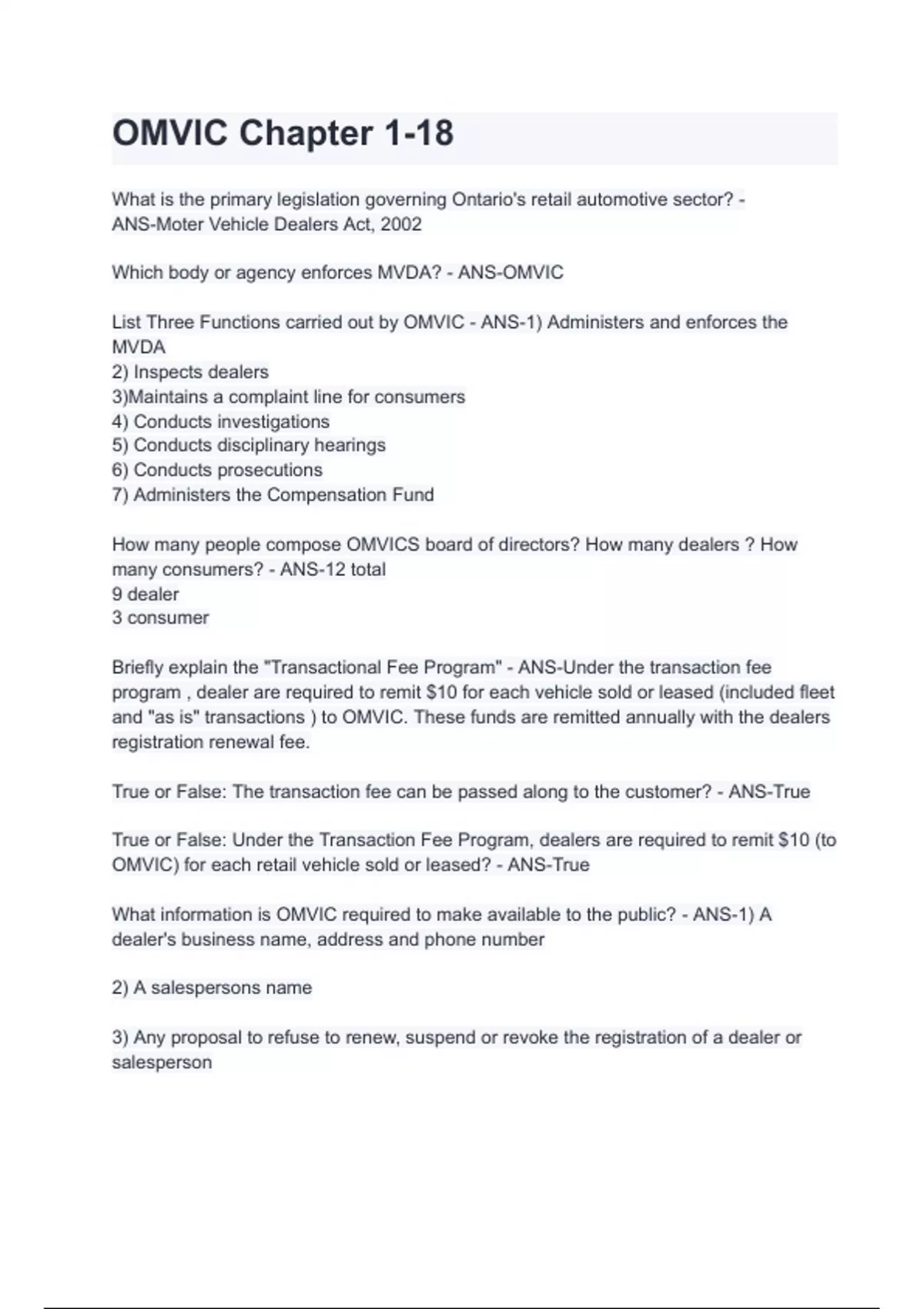 OMVIC Chapter 1-18 Questions with 100% Actual correct answers ...