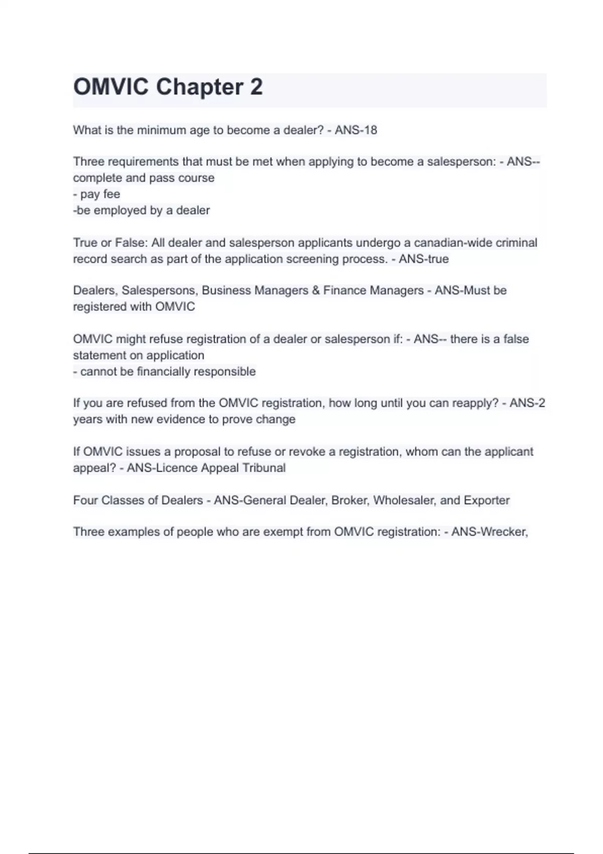 OMVIC Chapter 2 Questions with 100% Actual correct answers | verified ...