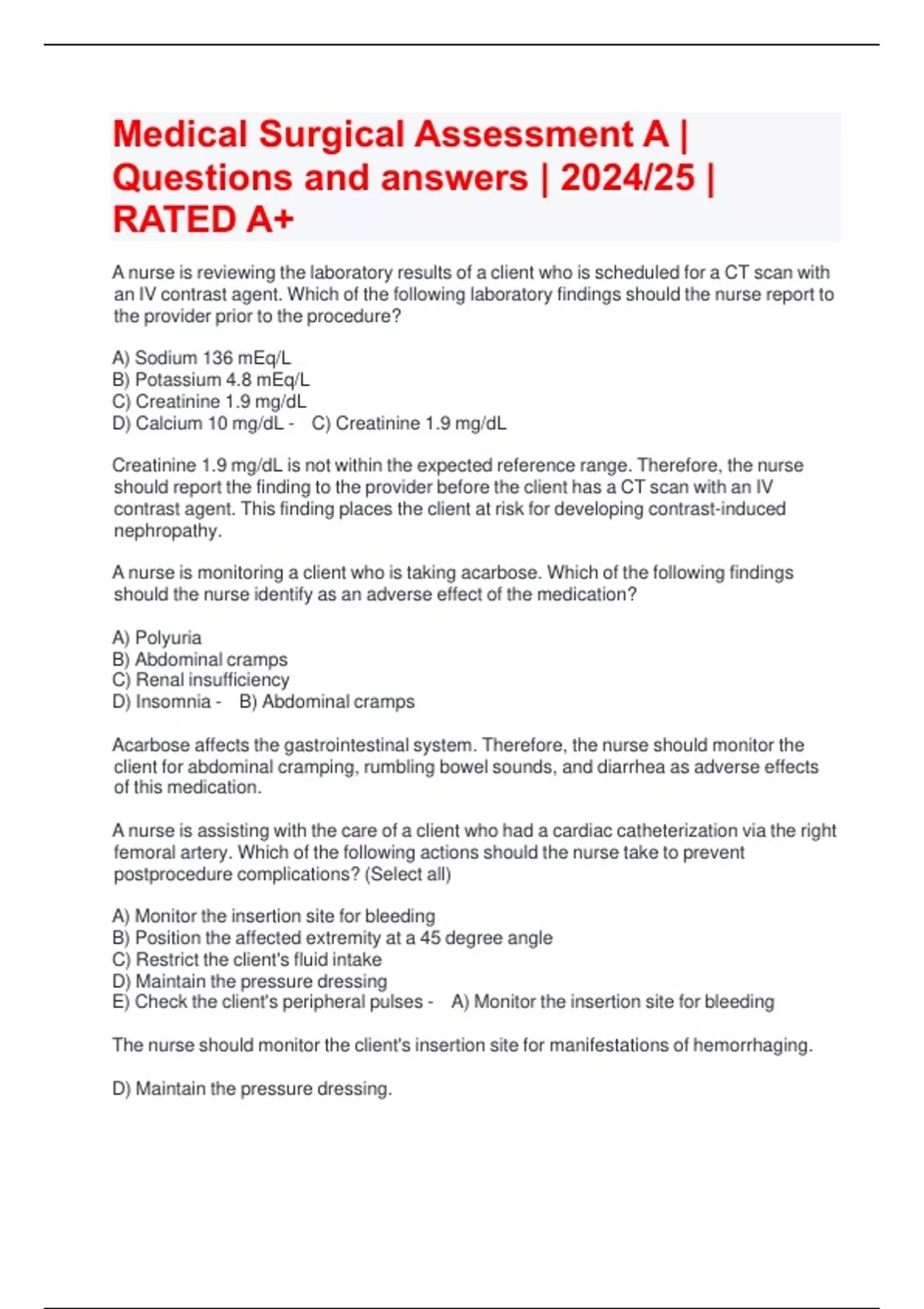 Medical Surgical Assessment A | Questions and answers | 2024/25 | RATED ...