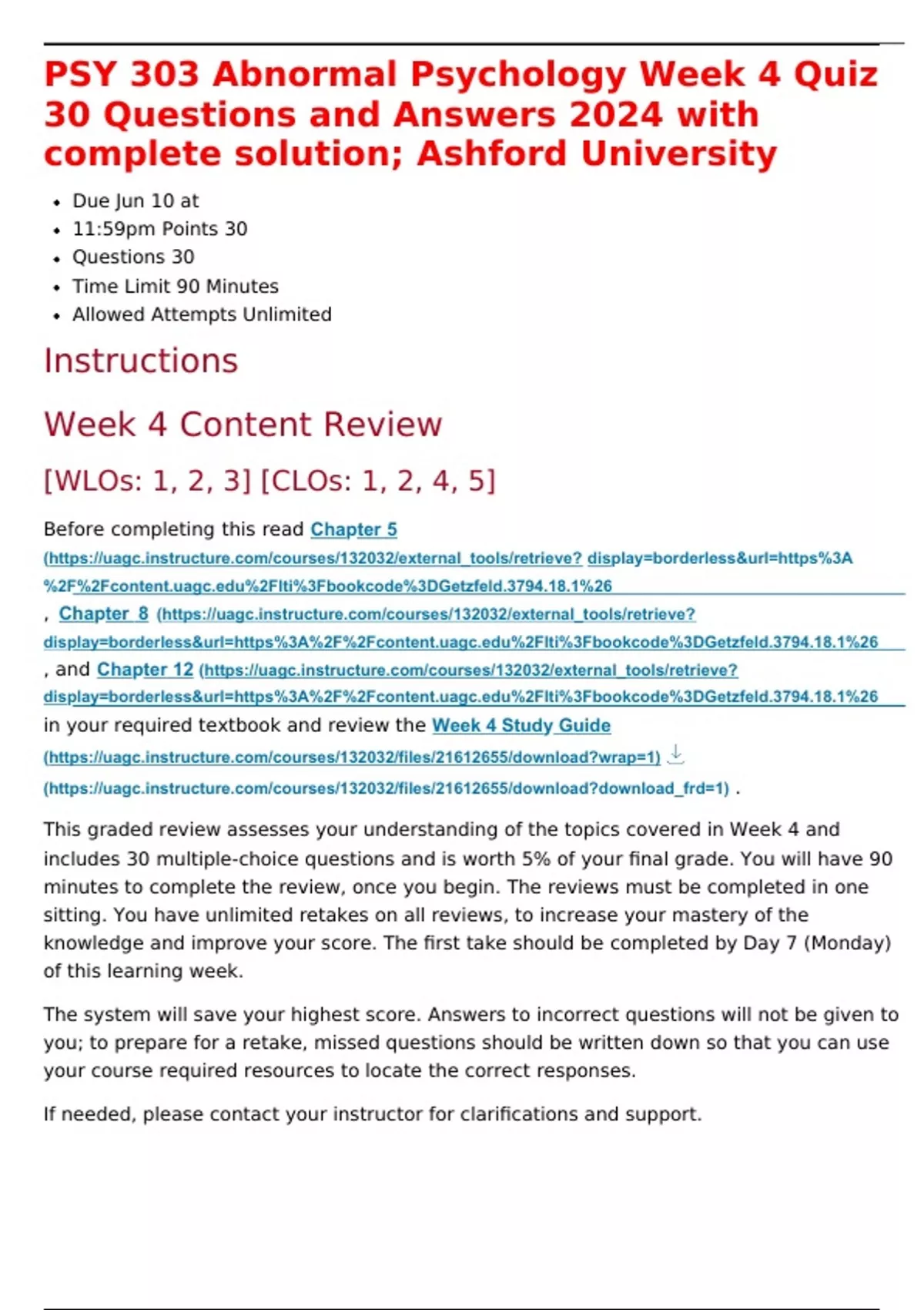 PSY 303 Abnormal Psychology Week 4 Quiz 30 Questions and Answers 2024 with complete solution ...