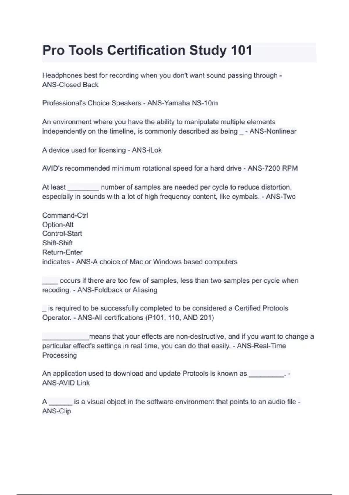 Pro Tools Certification Study 101 Questions with 100% Actual correct ...