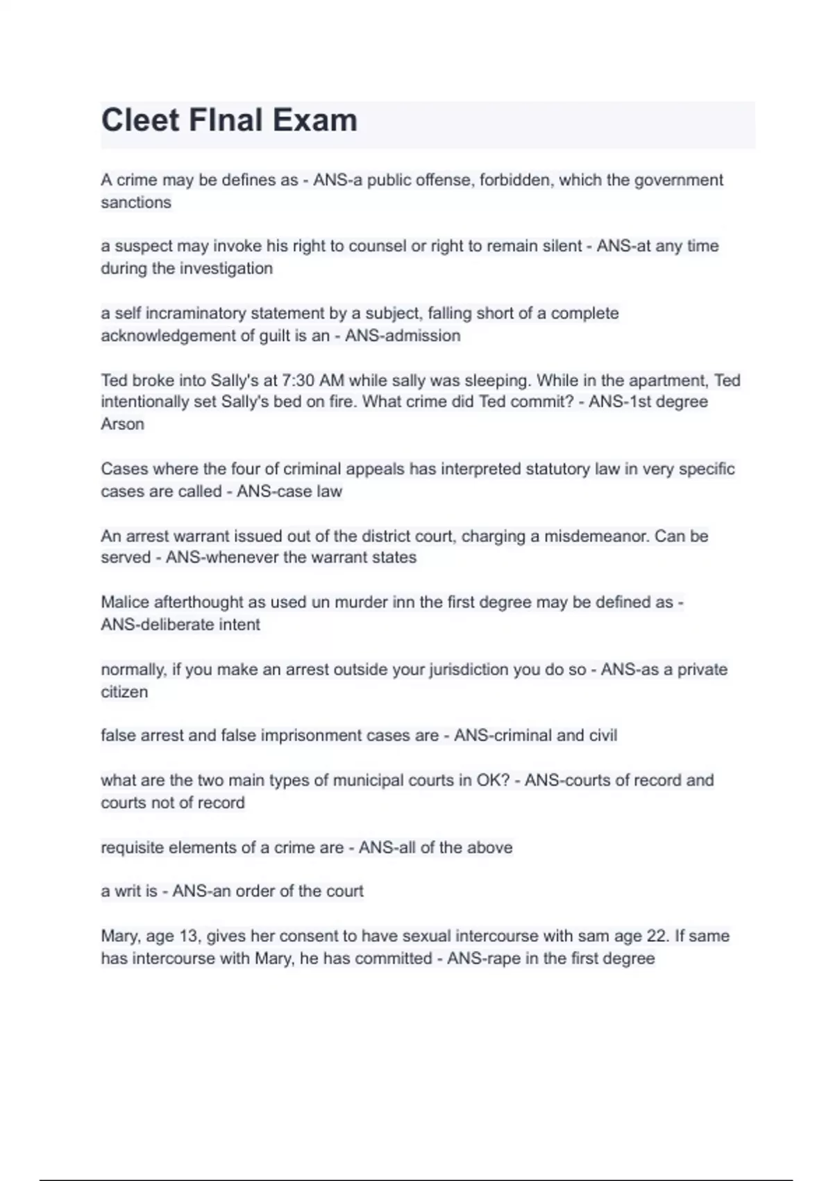 Cleet FInal Exam Questions with 100% Actual correct answers | verified ...