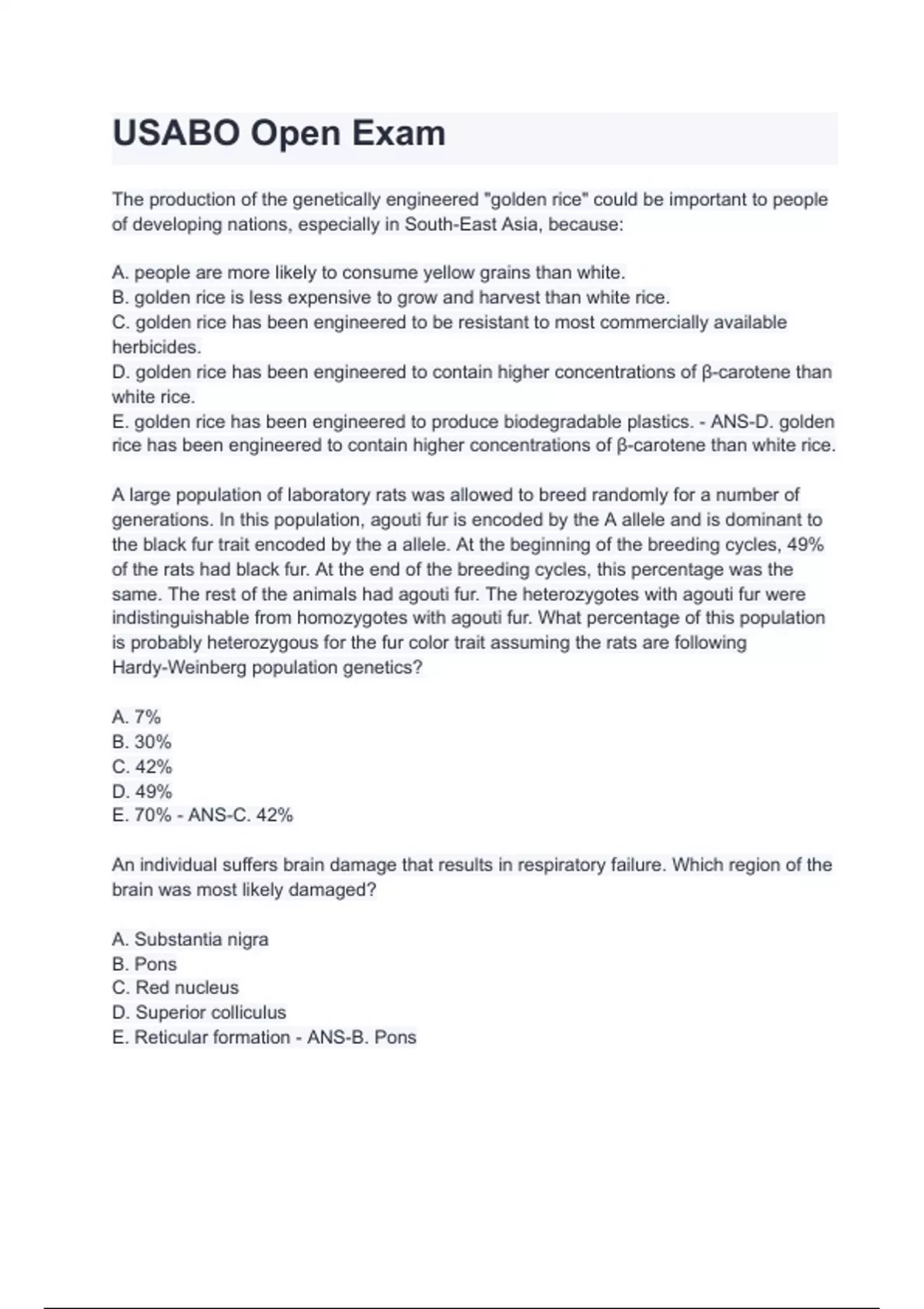 USABO Open Exam Questions with 100% Actual correct answers | verified ...