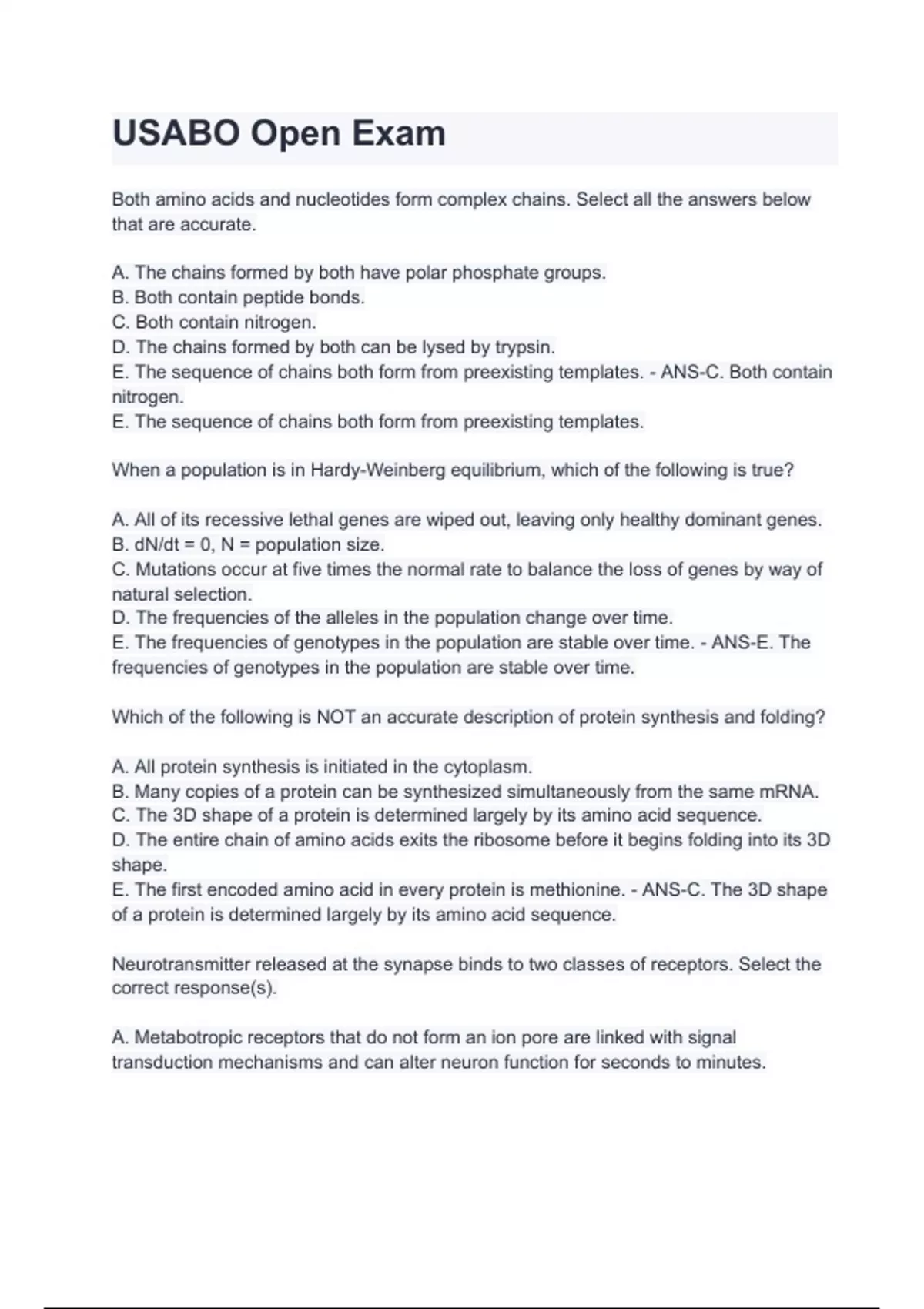 USABO Open Exam (3) Questions with 100% Actual correct answers ...