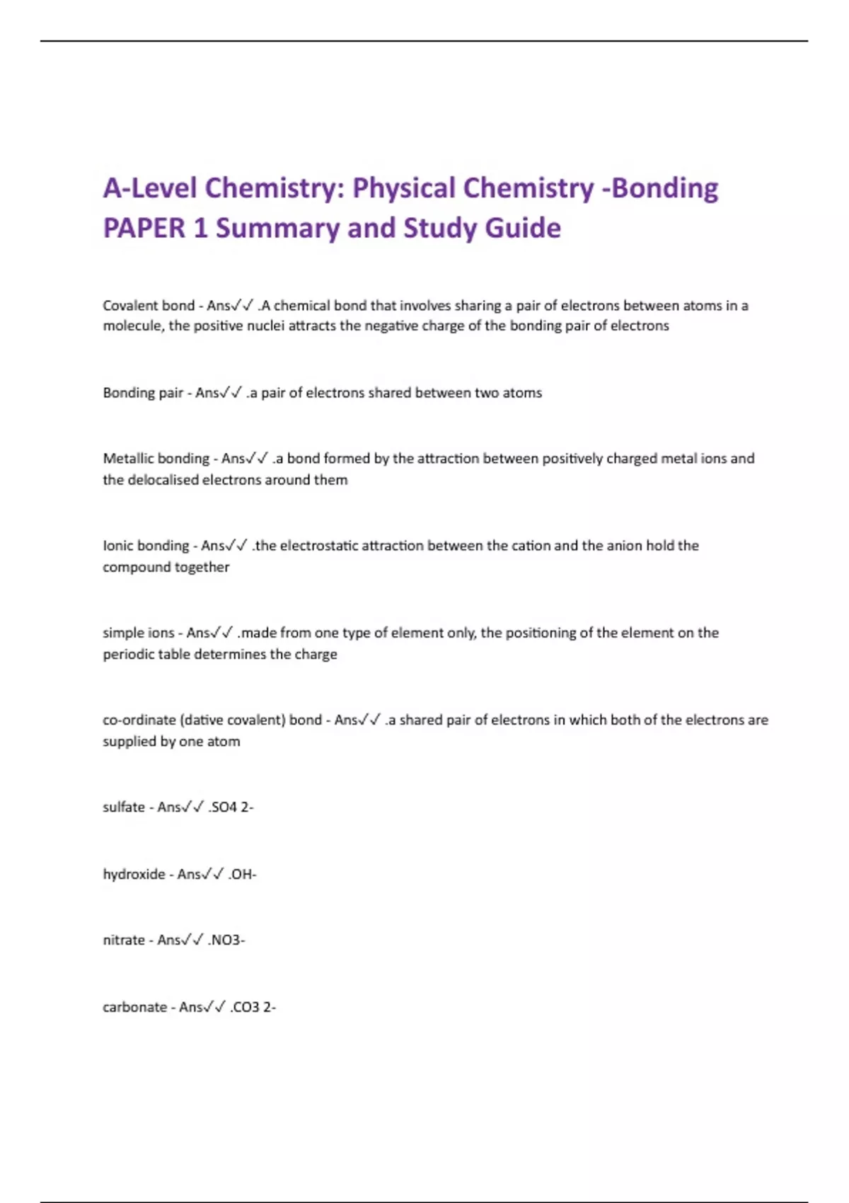 A-Level Chemistry: Physical Chemistry -Bonding PAPER 1 Summary and ...