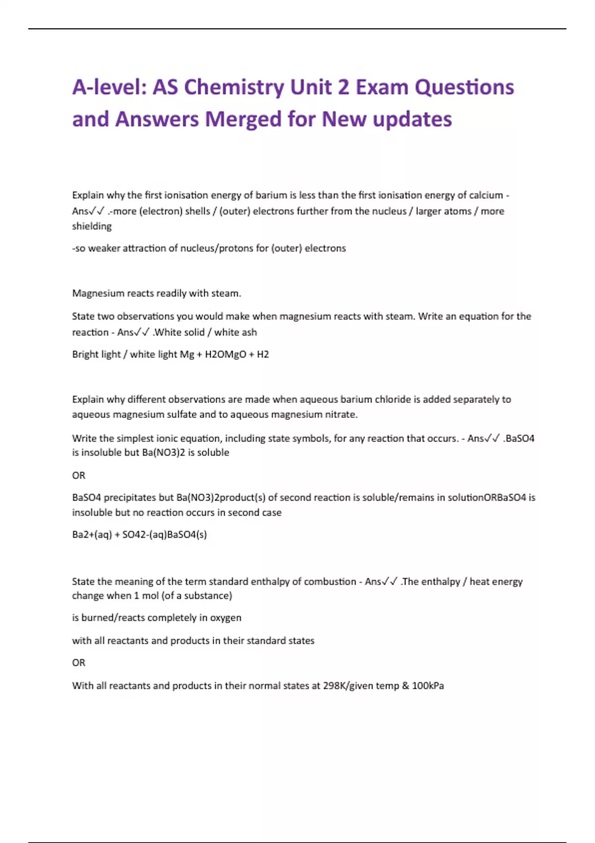 A-level: AS Chemistry Unit 2 Exam Questions and Answers Merged for New ...